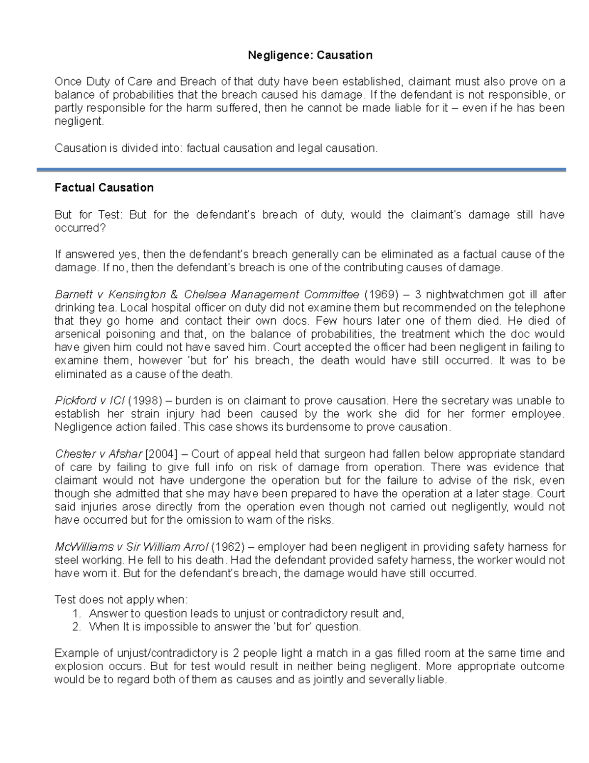 Causation exam review notes - Negligence: Causation Once Duty of Care ...