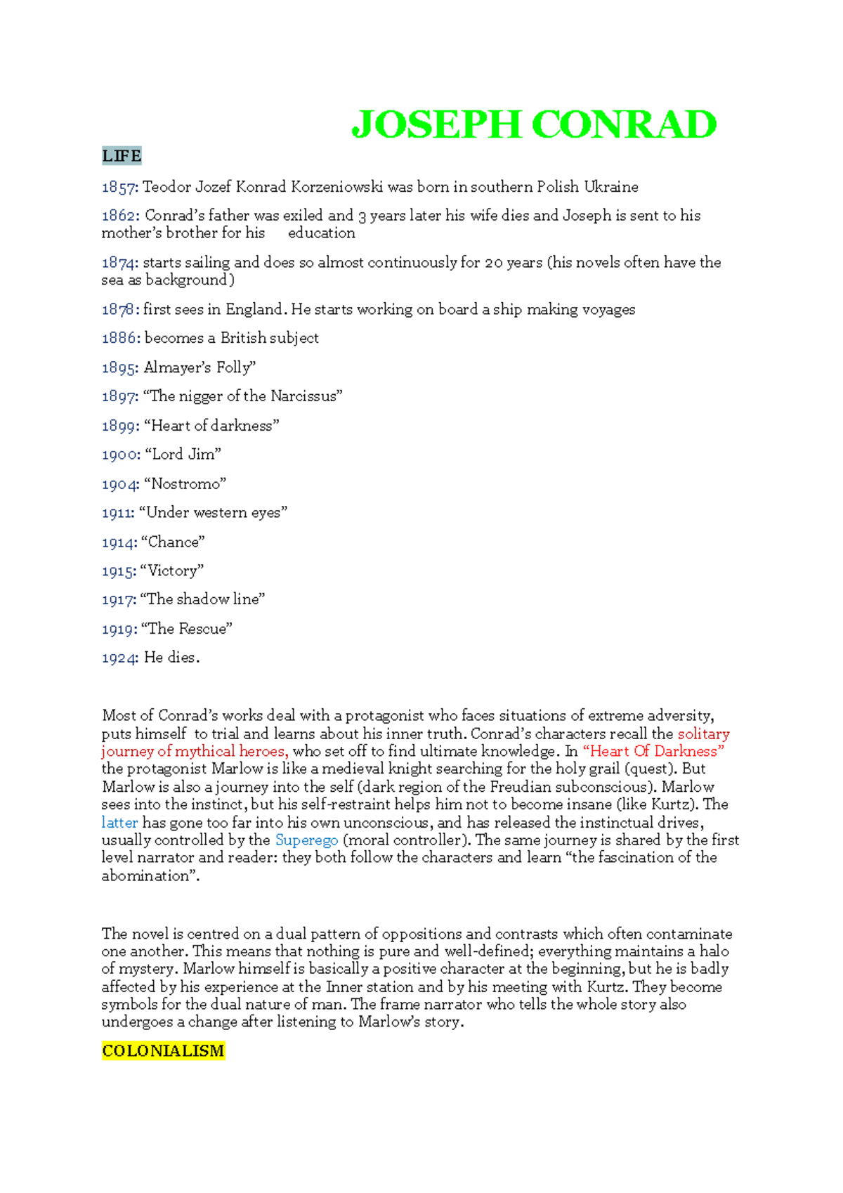 English literature - Letteratura inglese - JOSEPH CONRAD LIFE 1857 ...