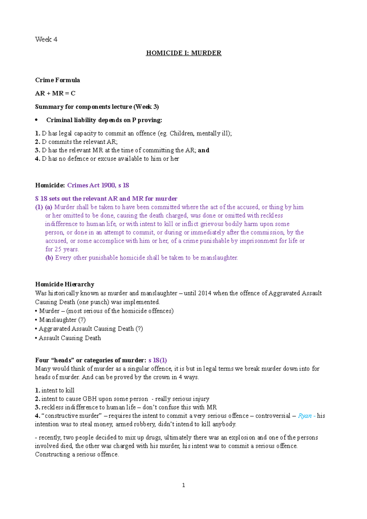 Murder Exam notes & Scaffold LLB130 - 2018 - Week 4 HOMICIDE I: MURDER ...