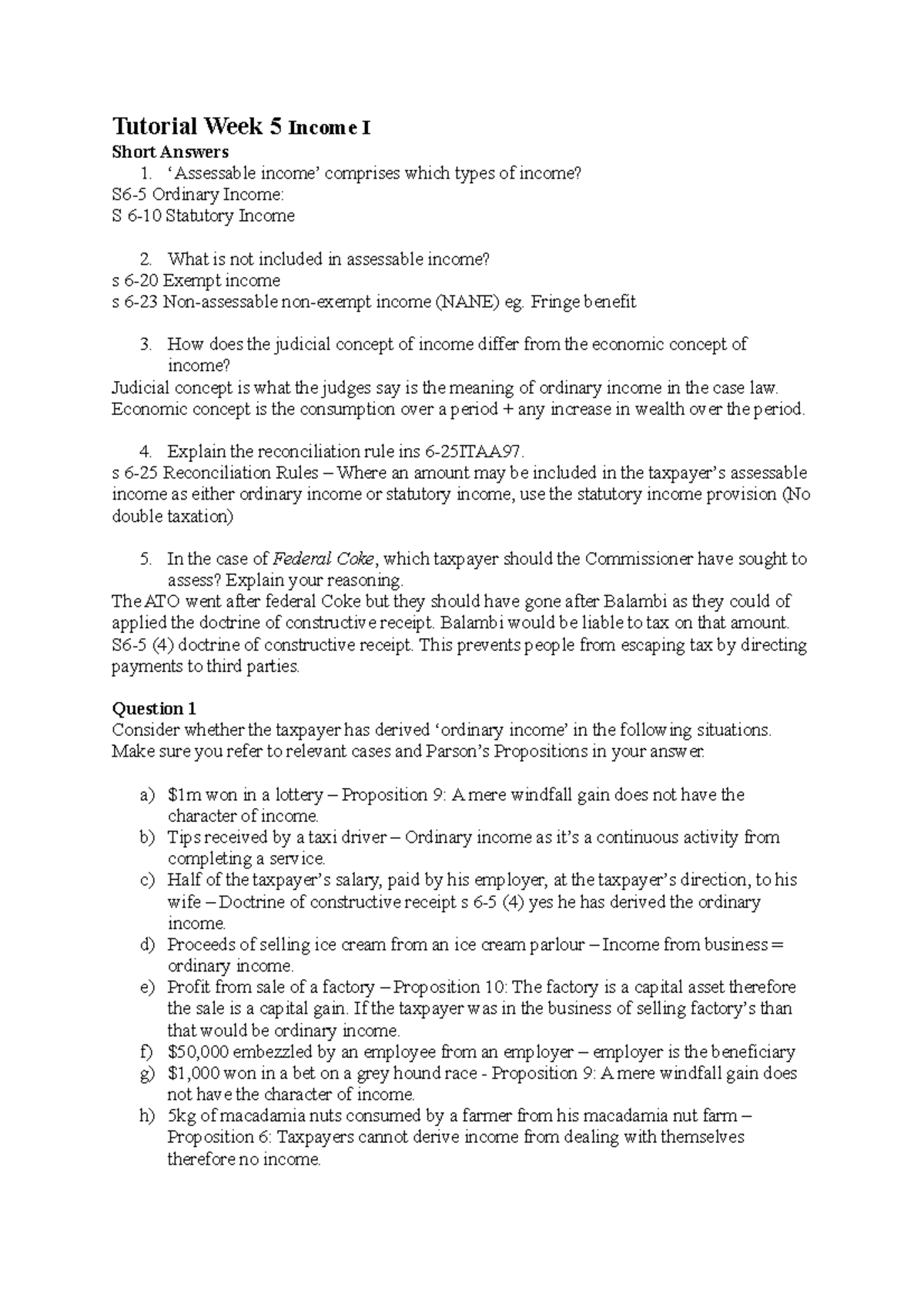 Tutorial 4 - Tutorial Week 5 Income I Short Answers 1. ‘Assessable ...