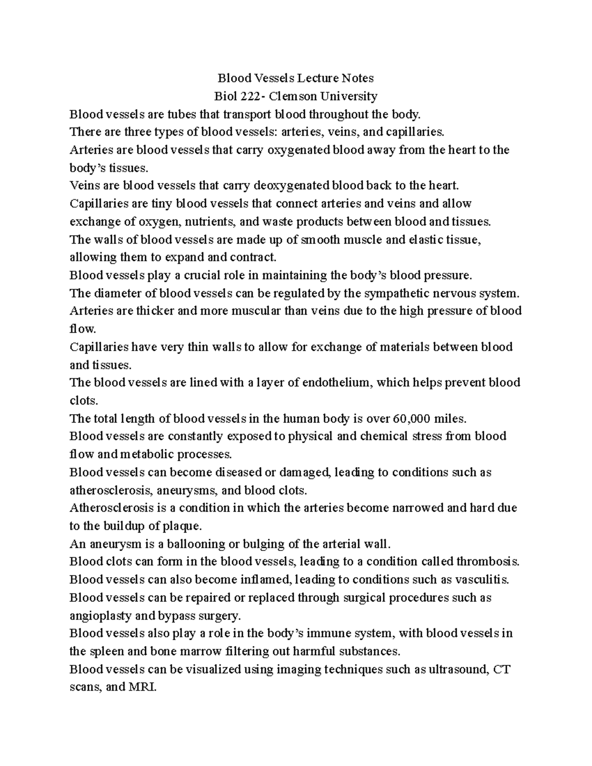 Blood Vessels Lecture Notes - There are three types of blood vessels ...