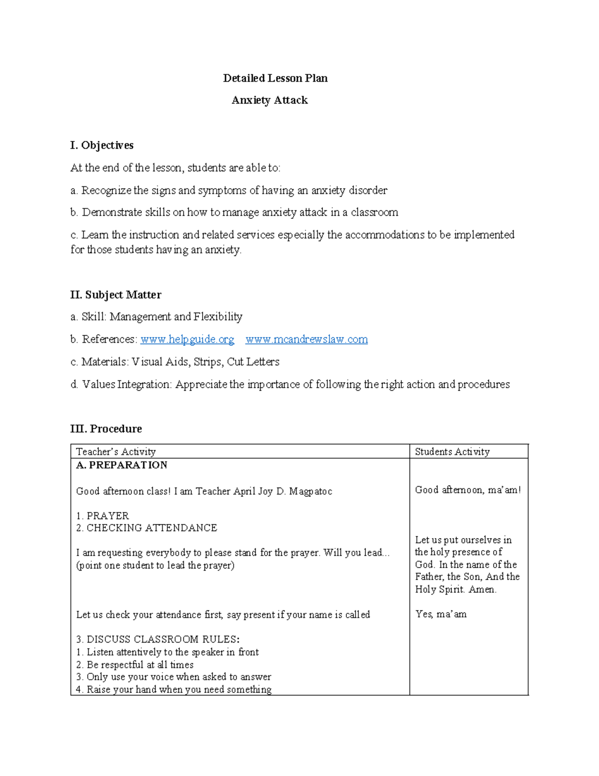 April lesson plan - ..... - Detailed Lesson Plan Anxiety Attack I ...