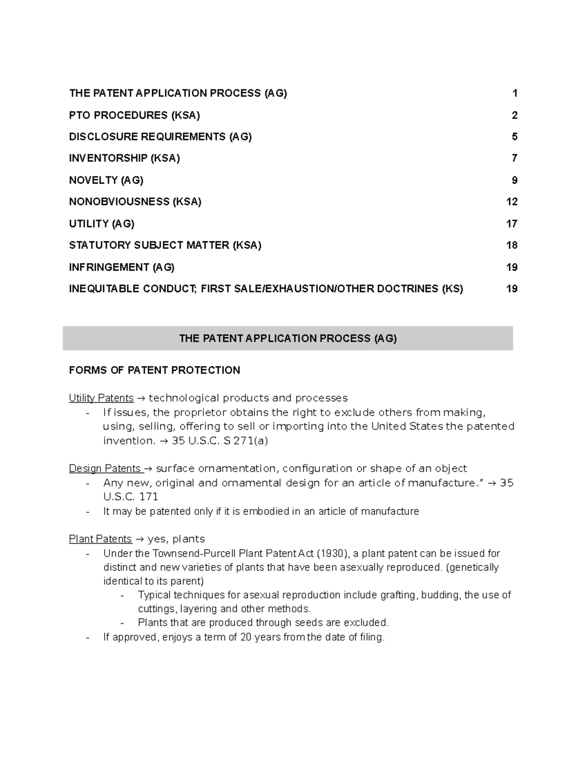 Patent Law Outline - THE PATENT APPLICATION PROCESS (AG) 1 PTO PROCEDURES (KSA) 2 DISCLOSURE ...
