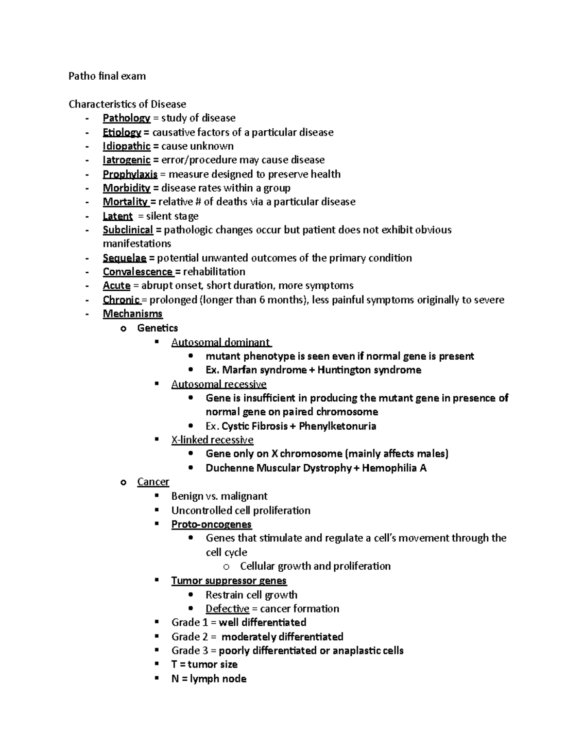 Patho final exam - notes - Patho final exam Characteristics of Disease ...