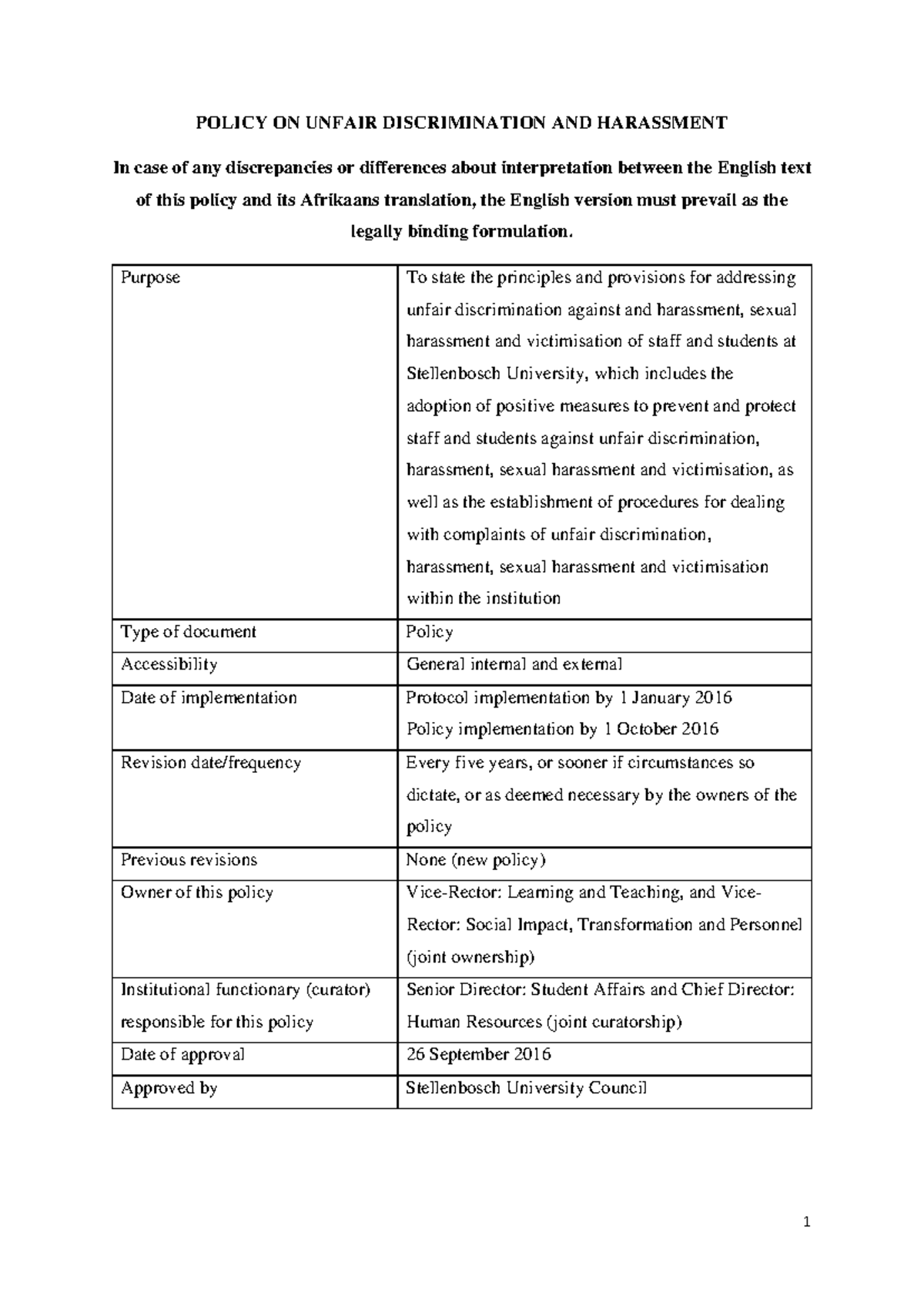 Unfair Discrimination and Harassment ENG 2016 - POLICY ON UNFAIR ...