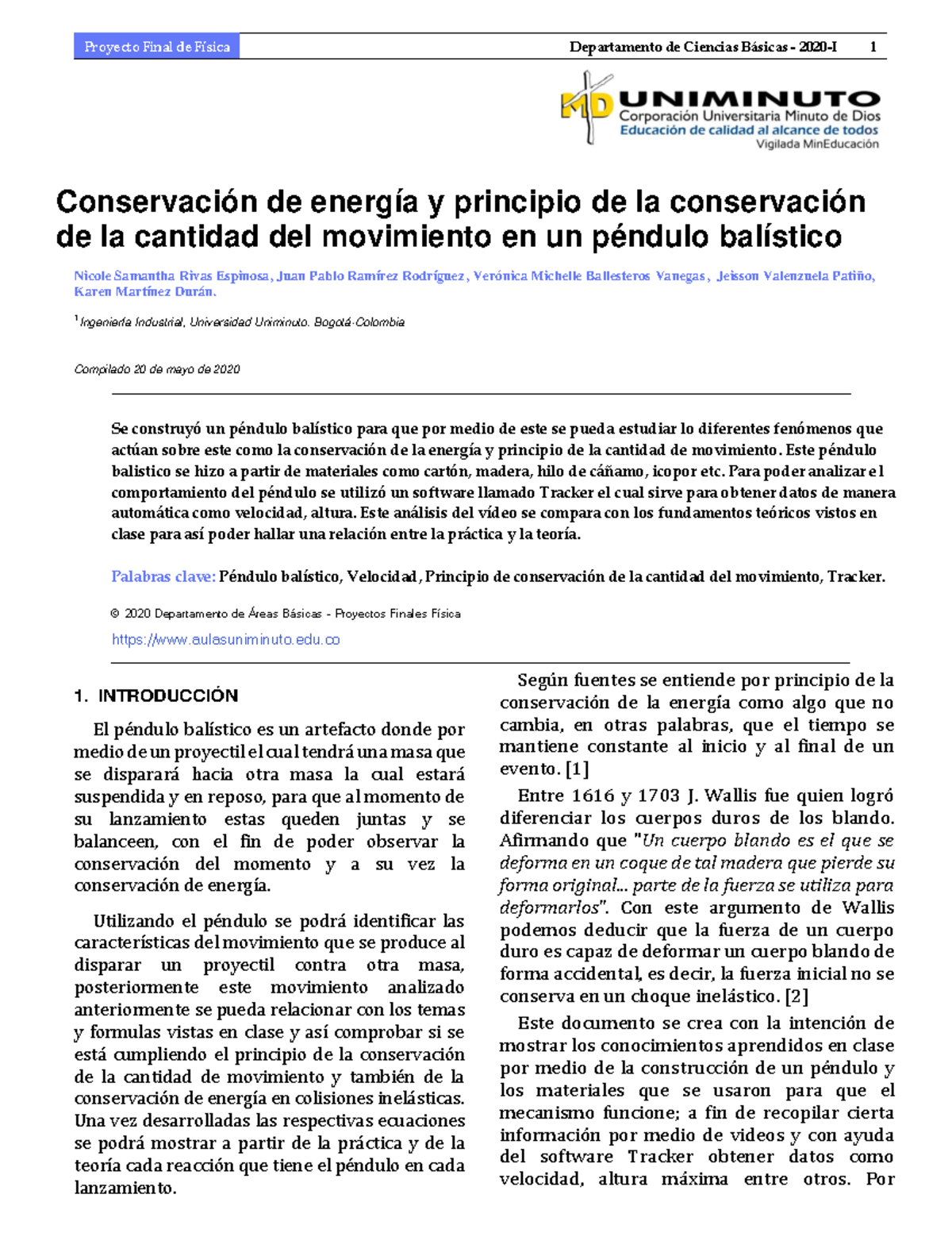 Proyecto Final Física Mecanica - Conservación de energía y principio de ...