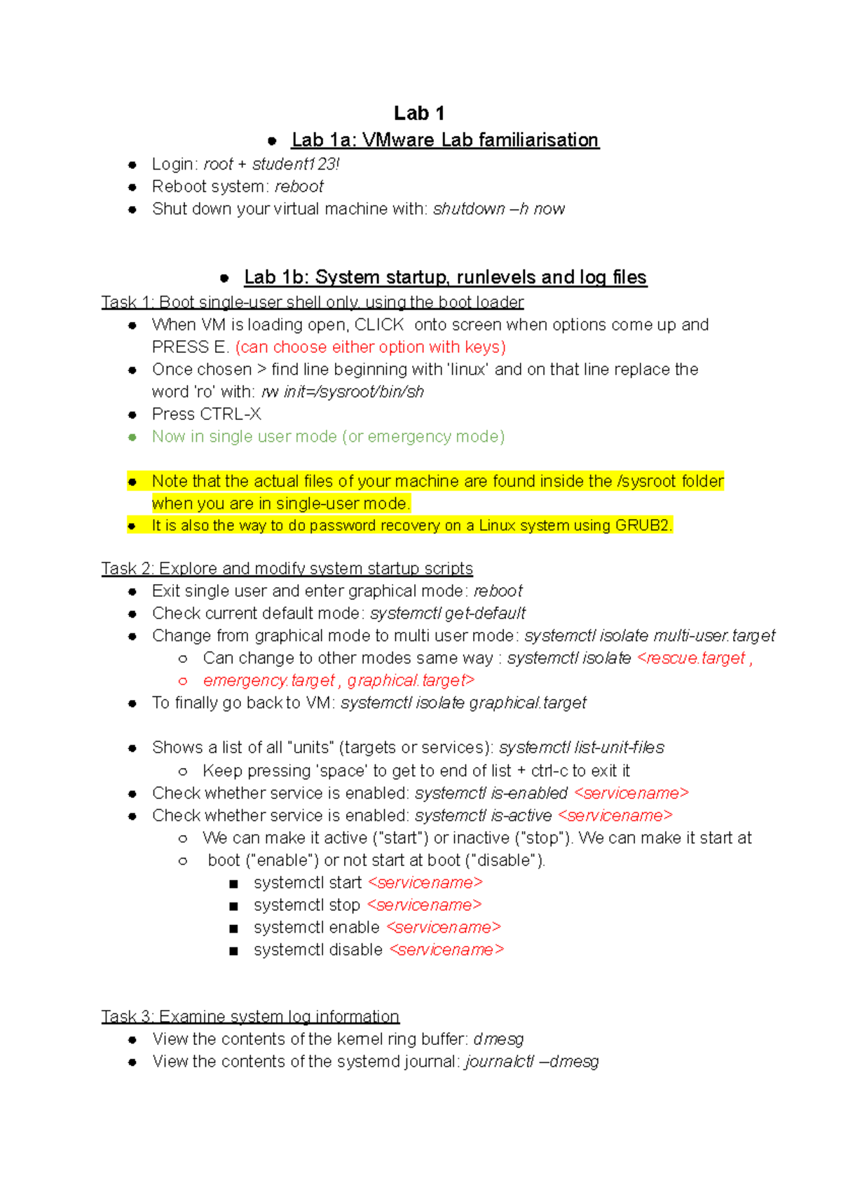 Lab 1 - 1a to 1c - Lab 1 Lab 1a: VMware Lab familiarisation Login: root + student123! Reboot ...
