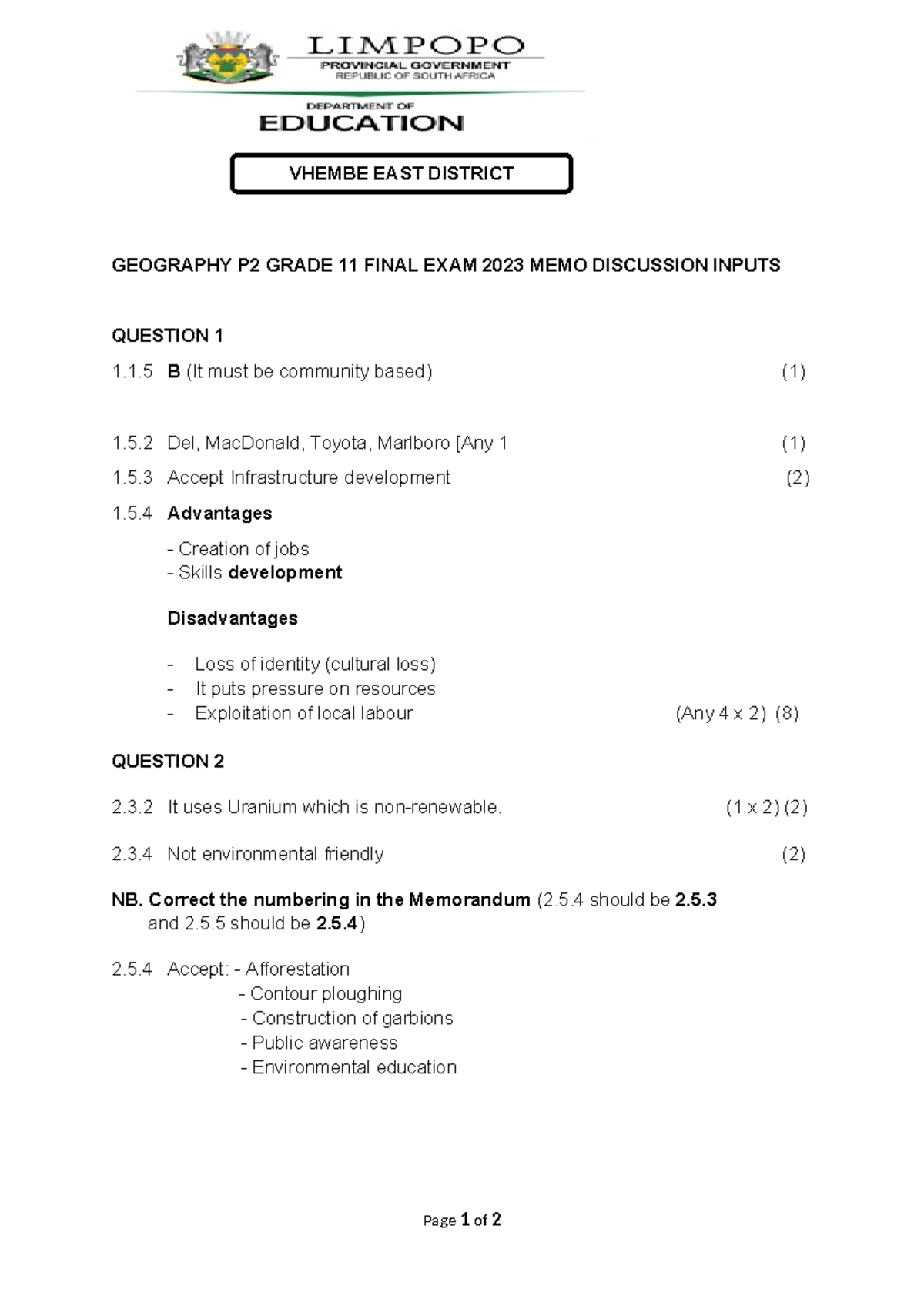 Geography P2 Grade 11 Final EXAM MEMO Discussion Inputs - VHEMBE EAST ...