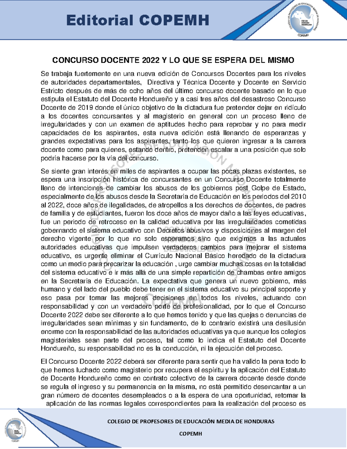 Editorial Copemh Informa 17 de julio de 2022 - Editorial COPEMH COLEGIO ...