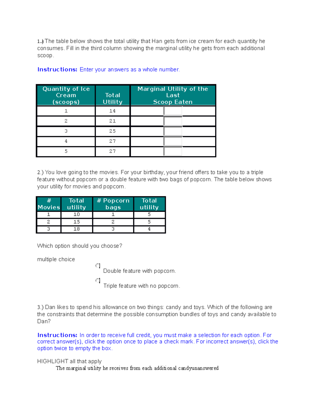 Chapter 7 Assignment 1 - 1.) The table below shows the total utility ...