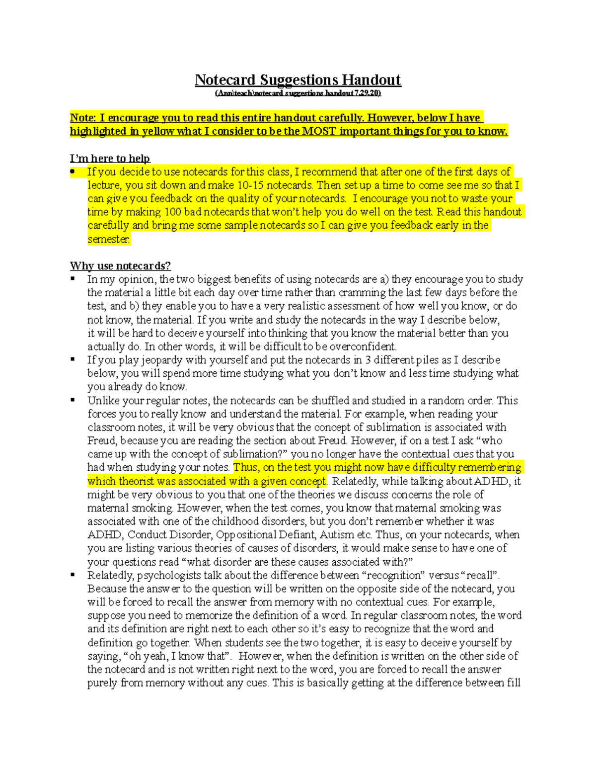 Notecard Suggestions Handout 7 - Notecard Suggestions Handout (Ann ...