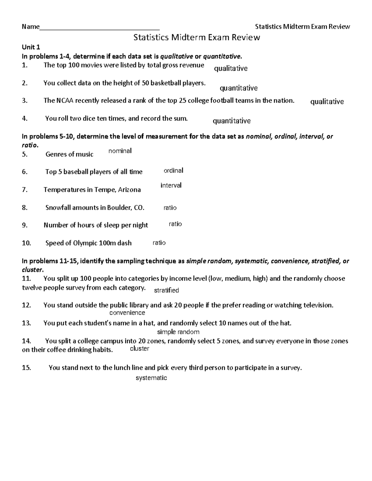 Math review - Name_________________________________ Statistics Midterm Exam ReviewStatistics ...