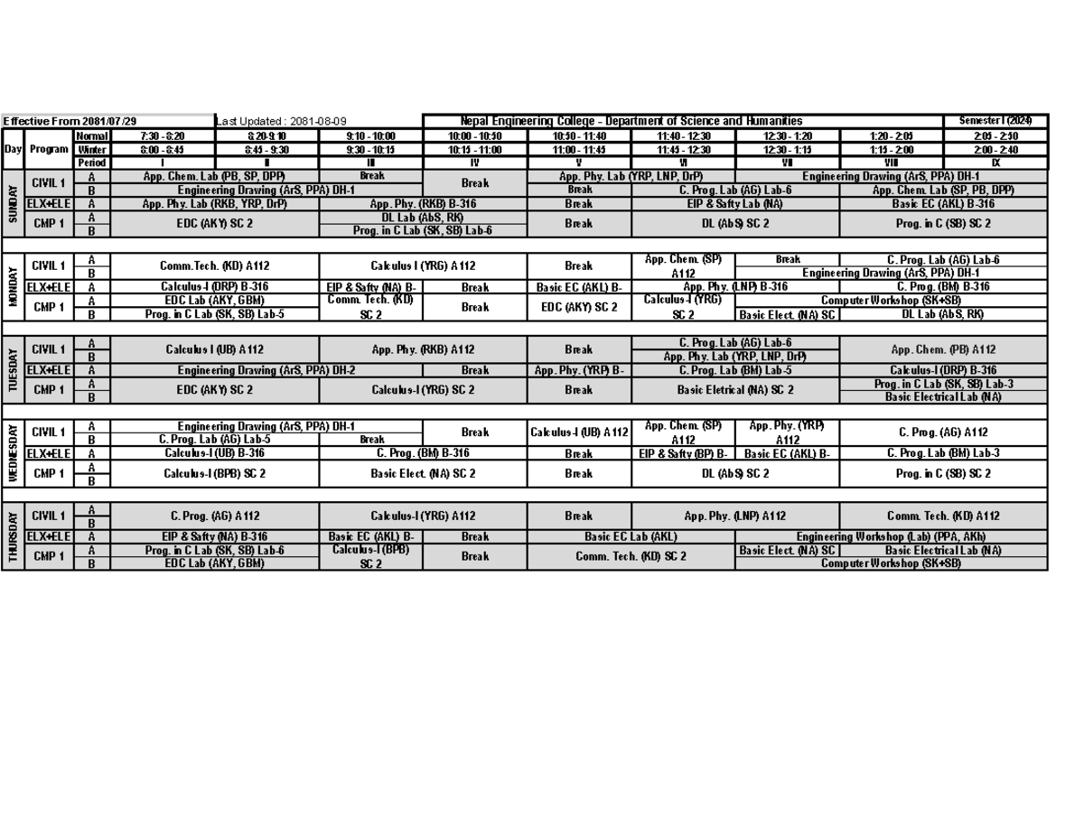 Nec-First Semester Class Schedule 2081-08-09 - Semester I (2024) Normal ...