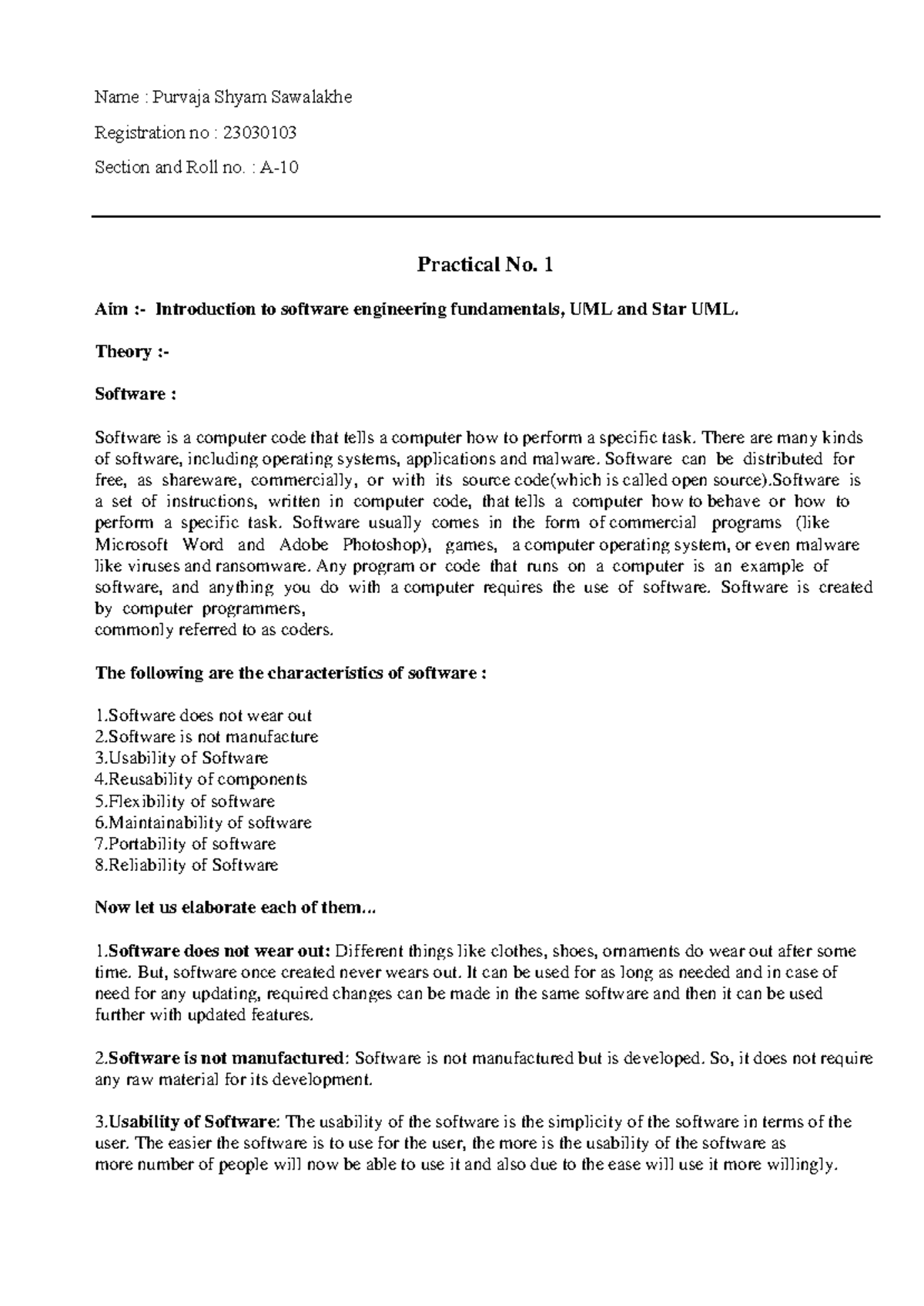 SE practical 1 - Name : Purvaja Shyam Sawalakhe Registration no : 23030103 Section and Roll no ...