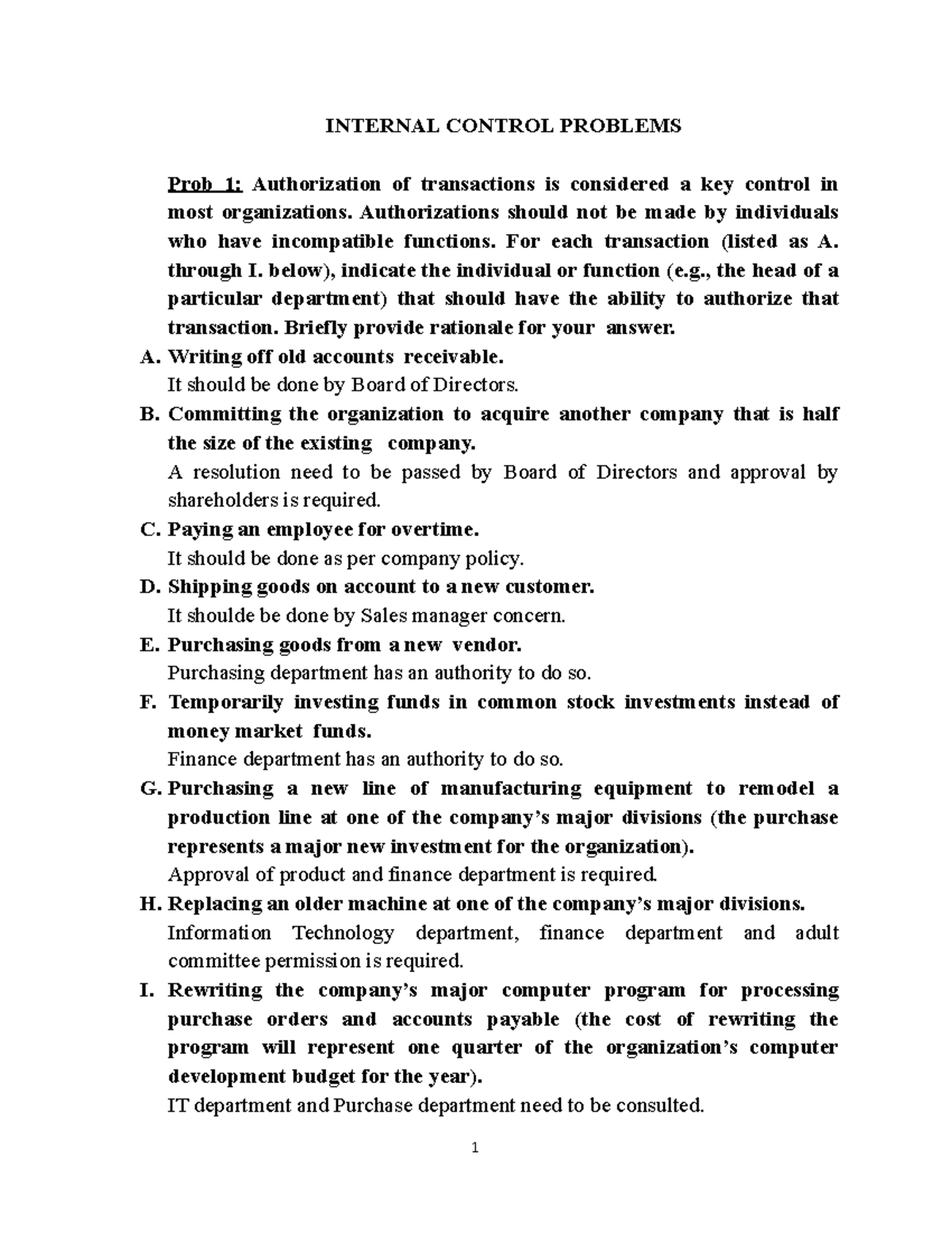 Internal control problems - INTERNAL CONTROL PROBLEMS Prob 1 ...