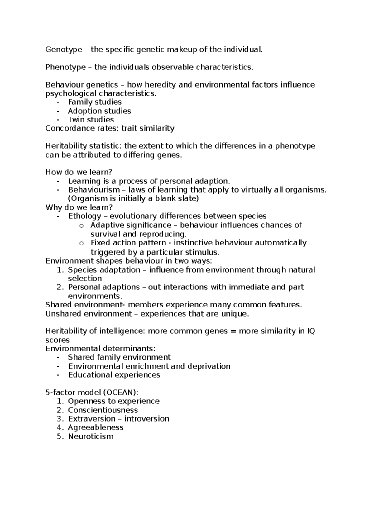Psych lecture 6 - genes and behaviour - Genotype – the specific genetic ...