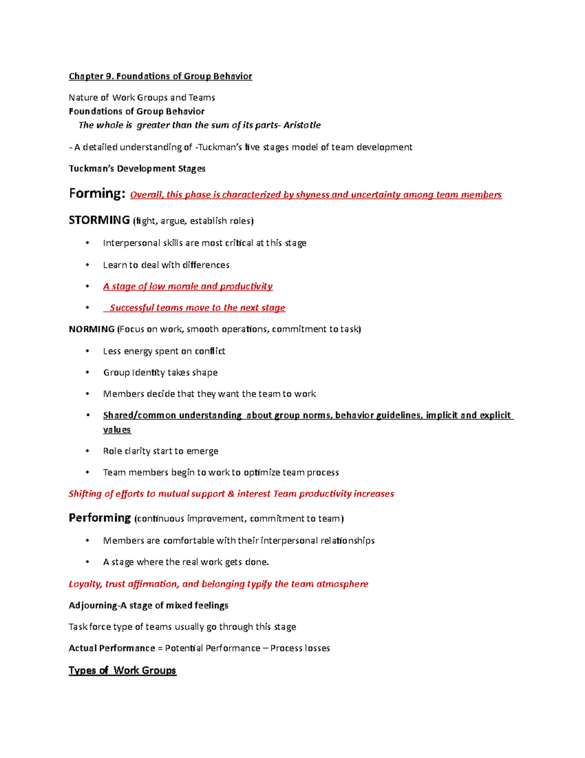 Chapter 9 organizationl behavior Notes - Chapter 9. Foundations of ...