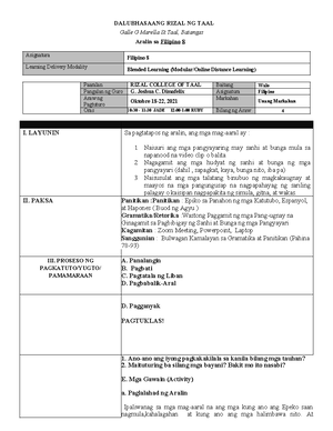 Salaysay sa Filipino - Pangalan:_________________________ Score ...