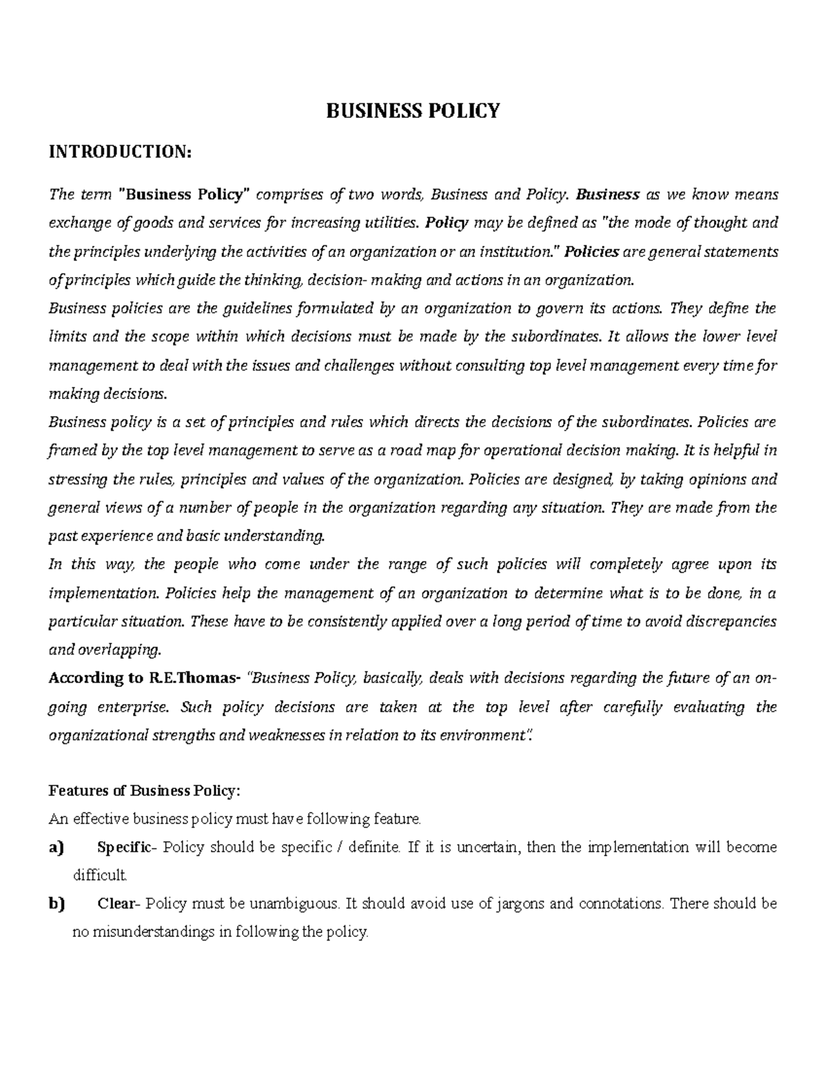 Business Policy - BUSINESS POLICY INTRODUCTION: The term "Business ...