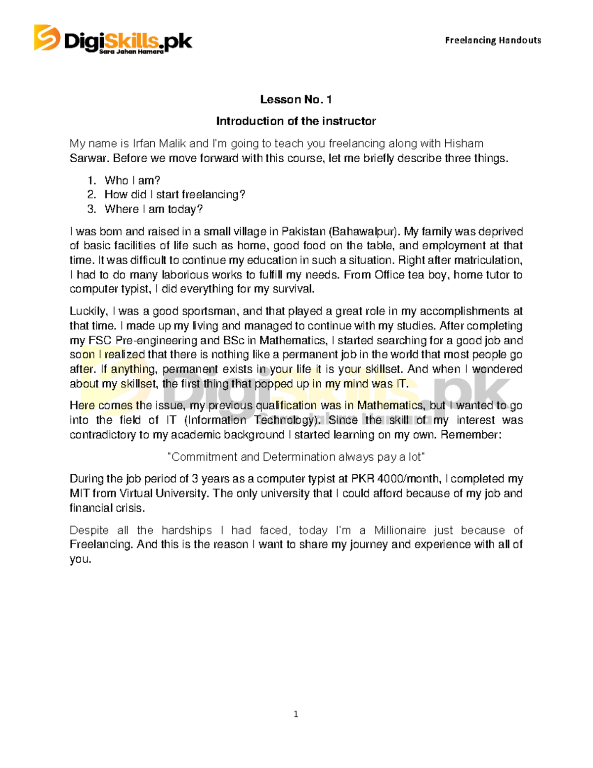 Week-01 Handouts - Lesson No. 1 Introduction of the instructor My name is Irfan Malik and I’m ...