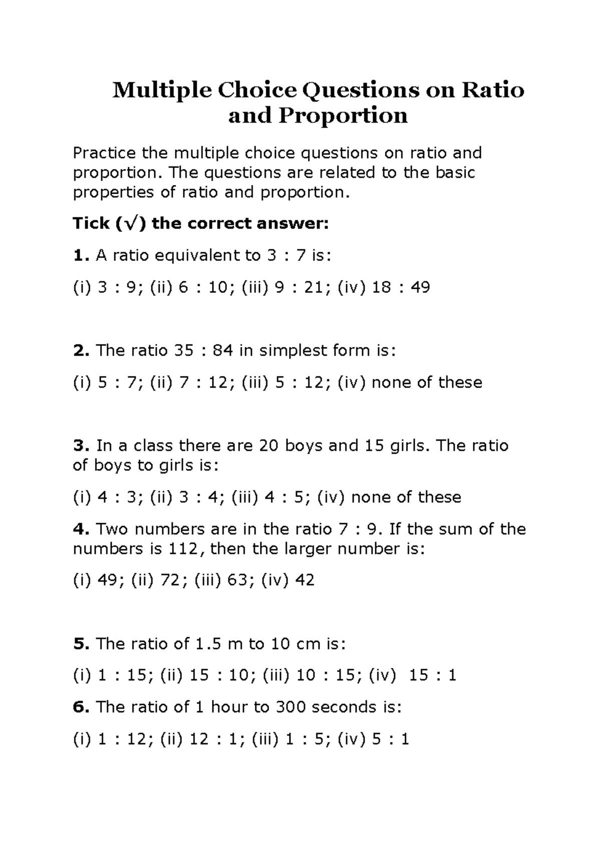 VI MAT L12 M03 Ratio AND Proportion Worksheet - Multiple Choice ...