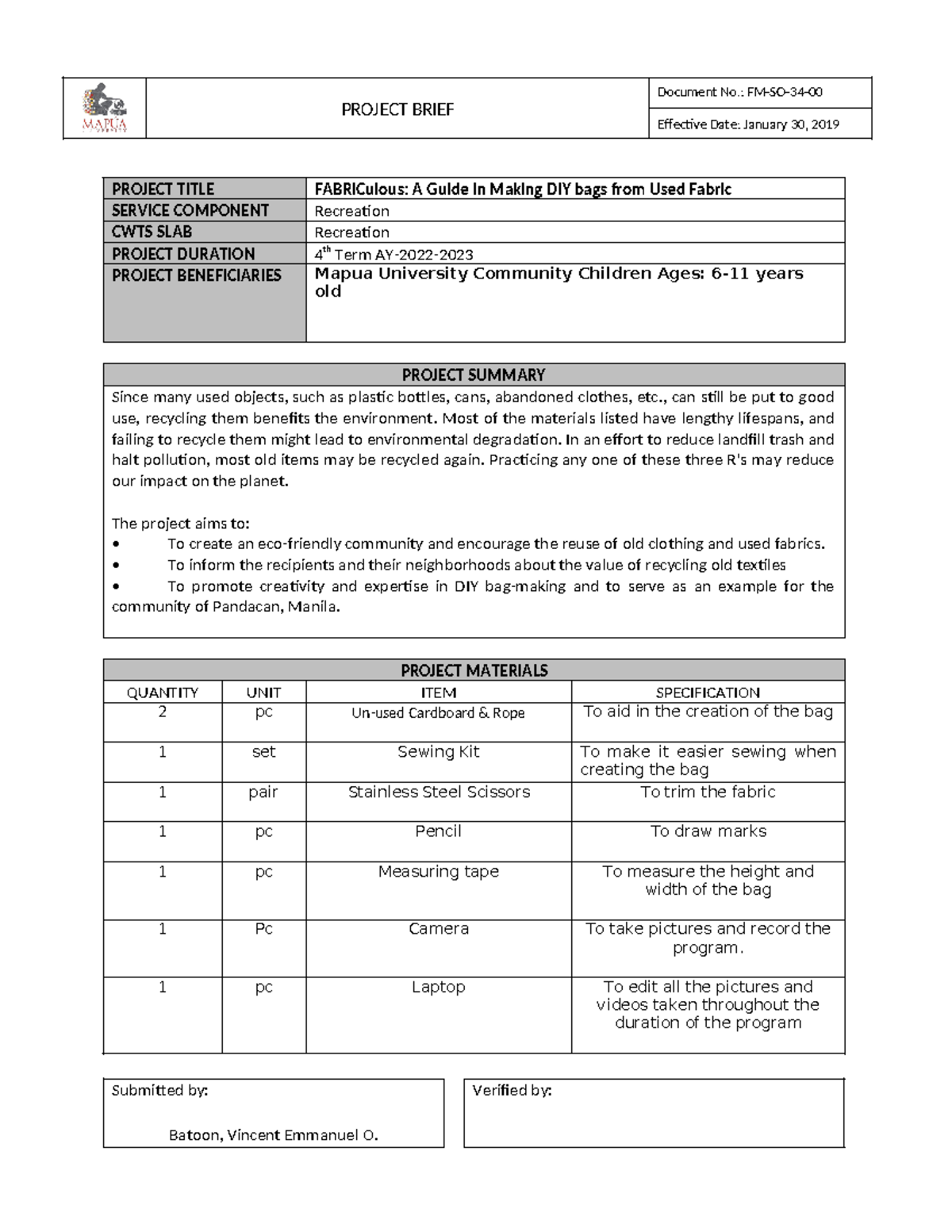 Project Brief - idk - PROJECT BRIEF Document No.: FM-SO-34- Effective ...
