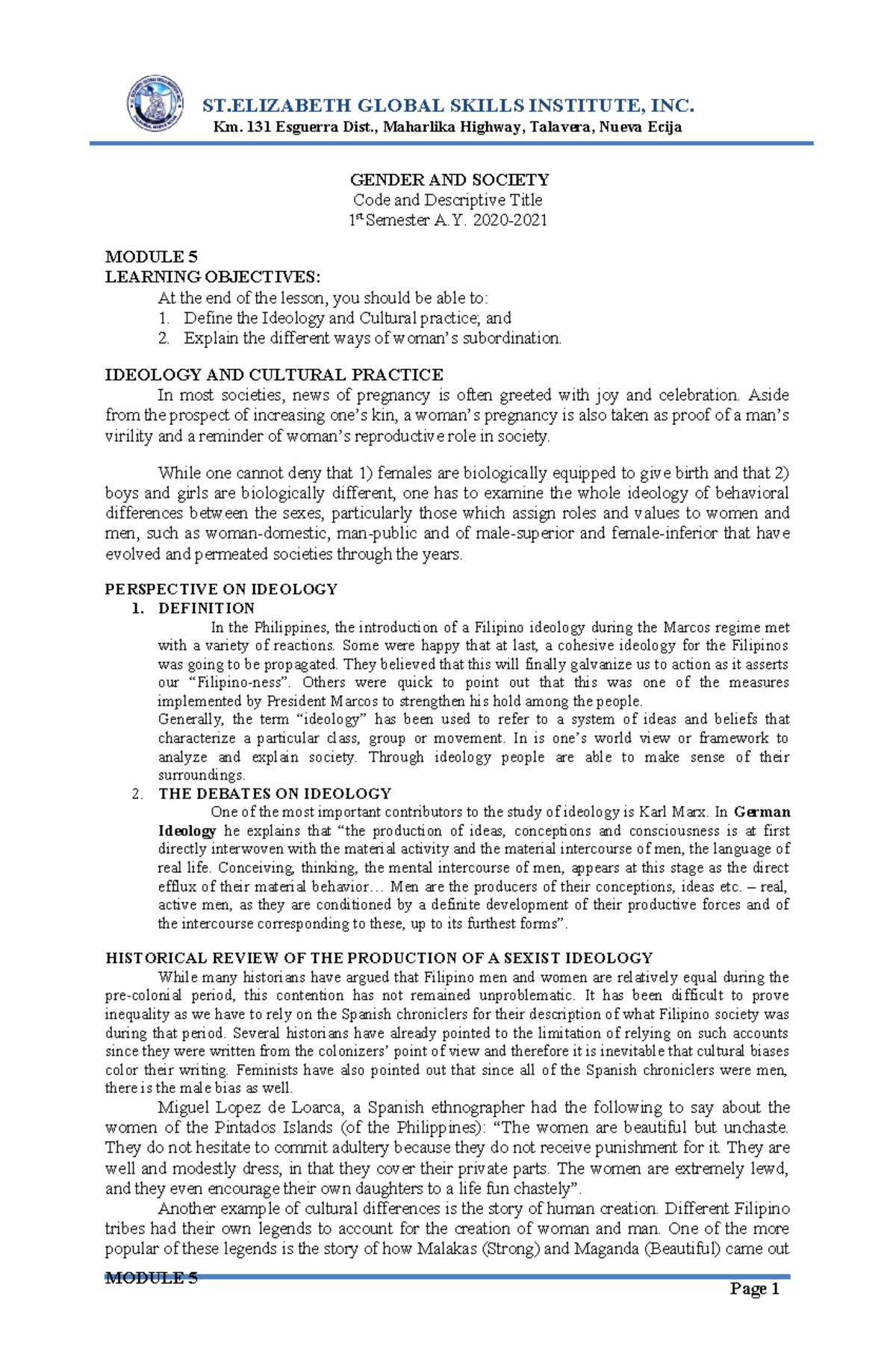 Module 5 Gender and Society - ST GLOBAL SKILLS INSTITUTE, INC. Km. 131 ...