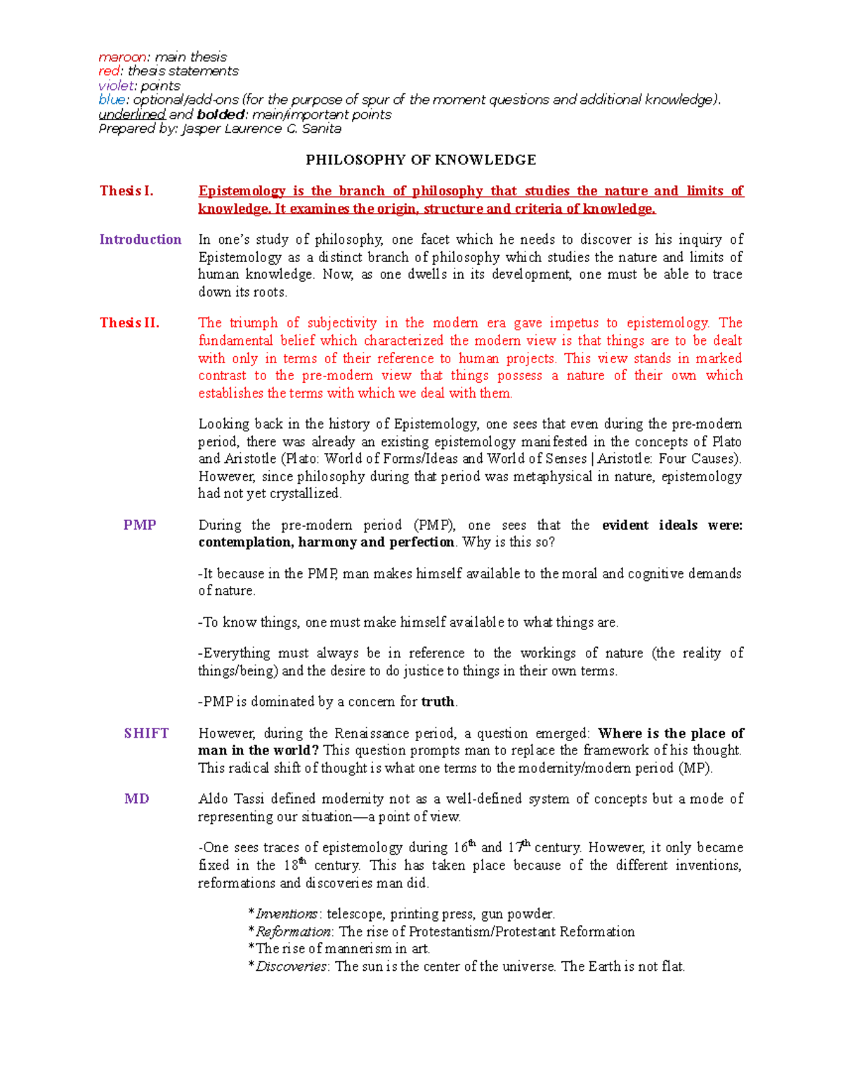 Philosophy OF Knowledge - red: thesis statements violet: points blue ...