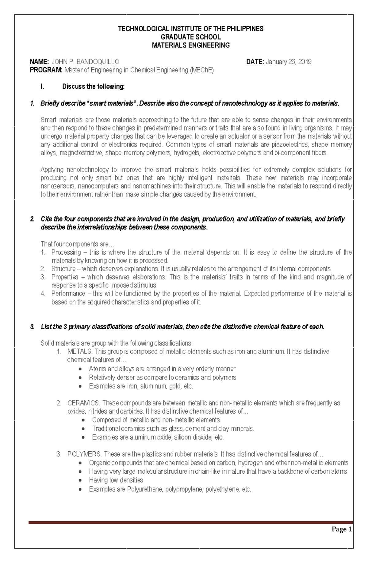 Exam 4 January 2019, questions and answers - TECHNOLOGICAL INSTITUTE OF ...