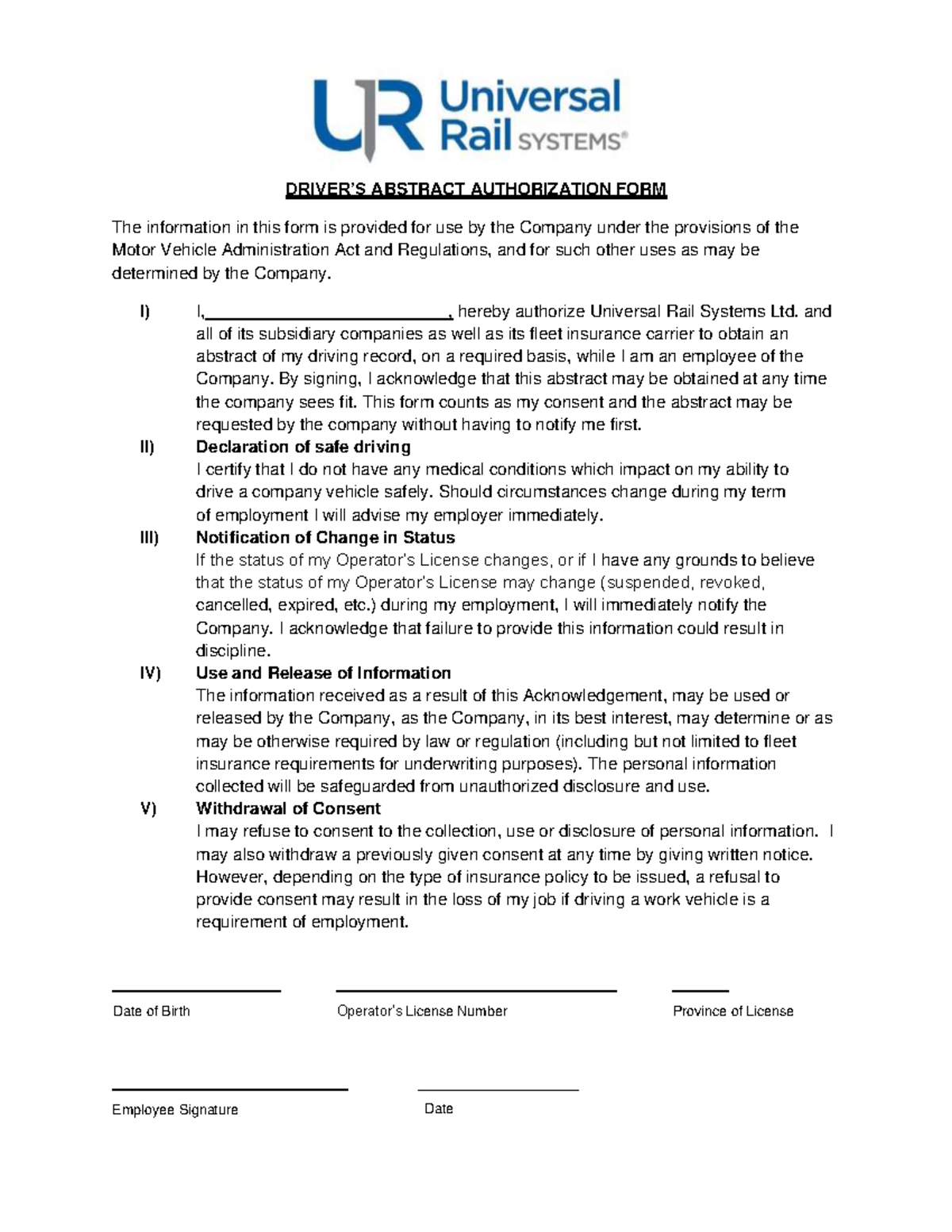 Driver Authorization Form for rail transportation - DRIVER’S ABSTRACT ...