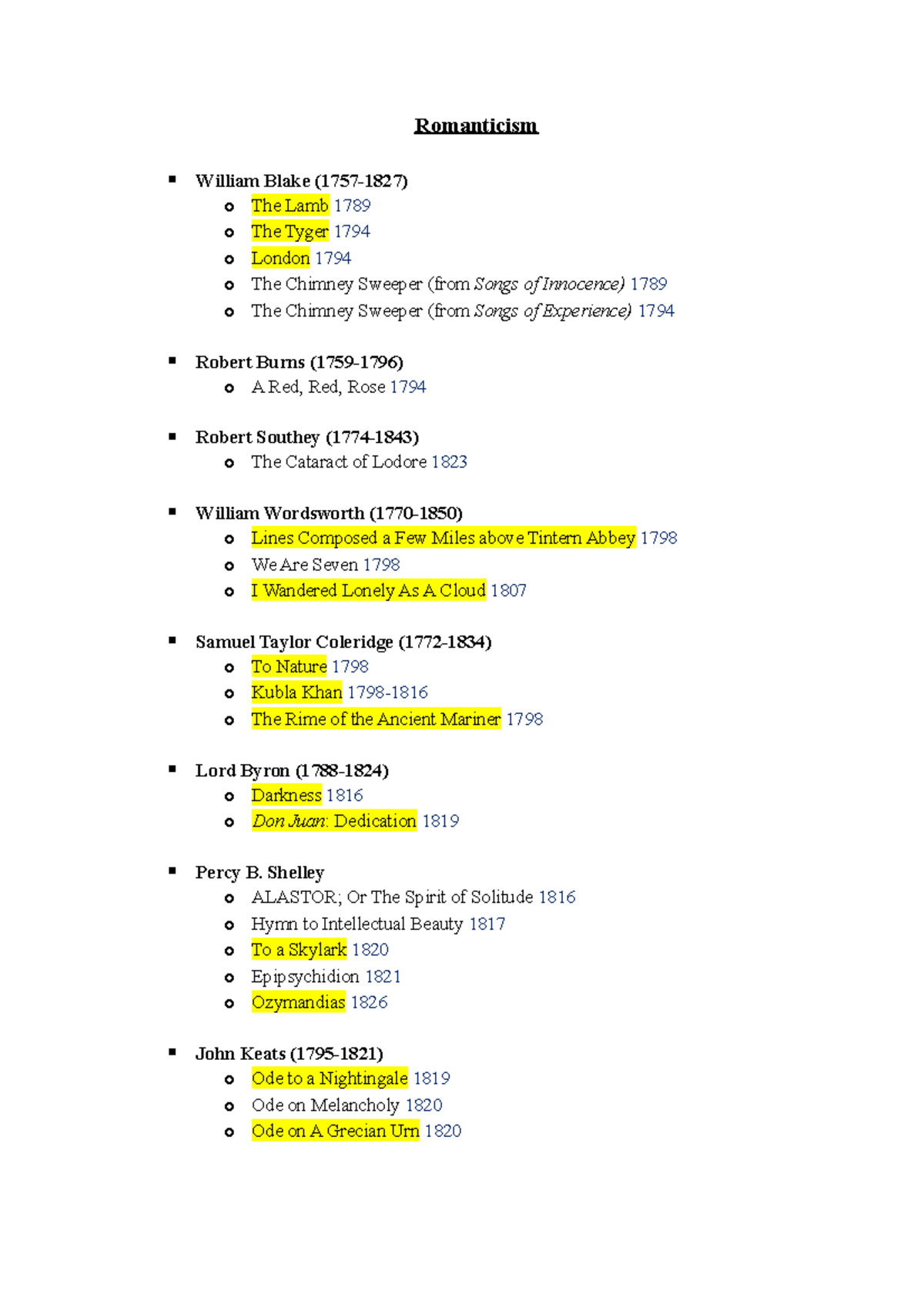 Notes about Romantics - Romanticism William Blake (1757-1827) o The ...