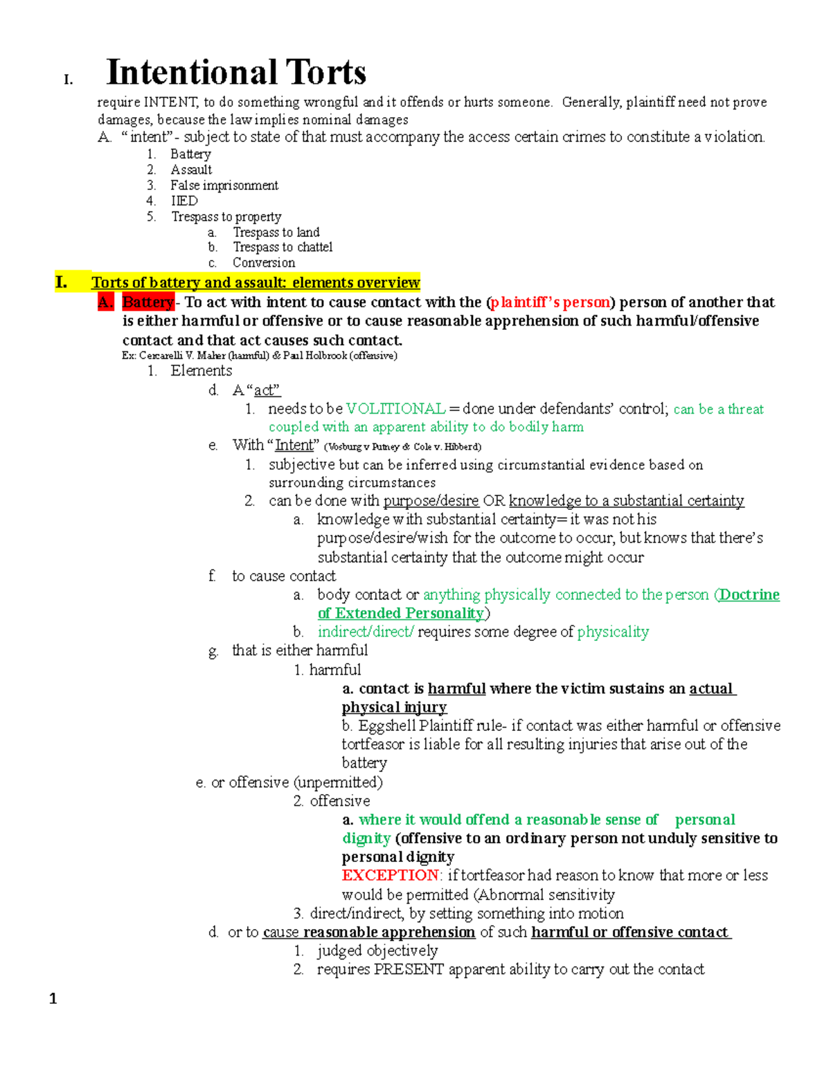 Torts Outline - I. Intentional Torts require INTENT, to do something ...