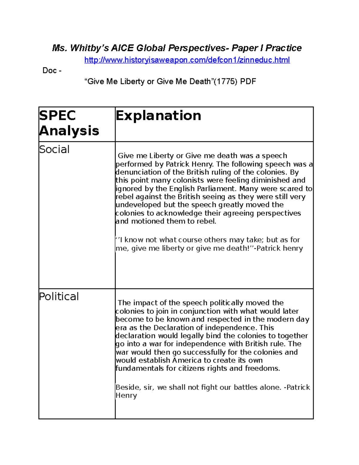 Copy of Organizer 1775 Liberty or Death - Ms. Whitby’s AICE Global ...