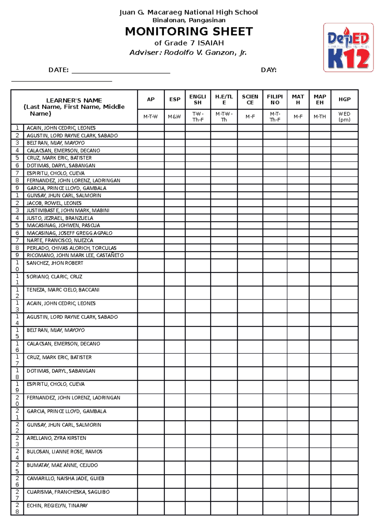 Attendance Sheet ABM 12 - 2022 2023 - Juan G. Macaraeg National High ...