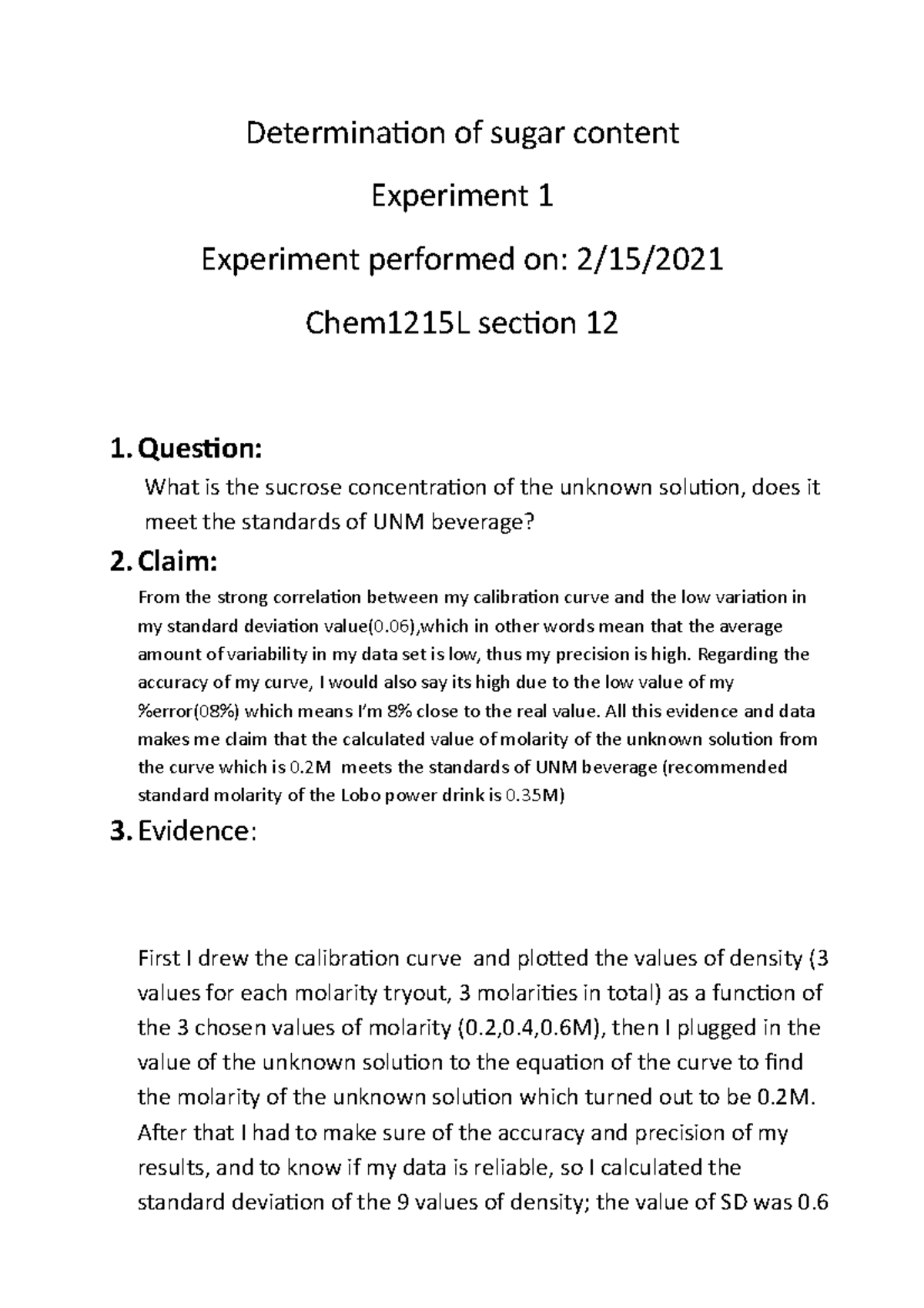 Scientific argument experiment 1 - Determination of sugar content ...