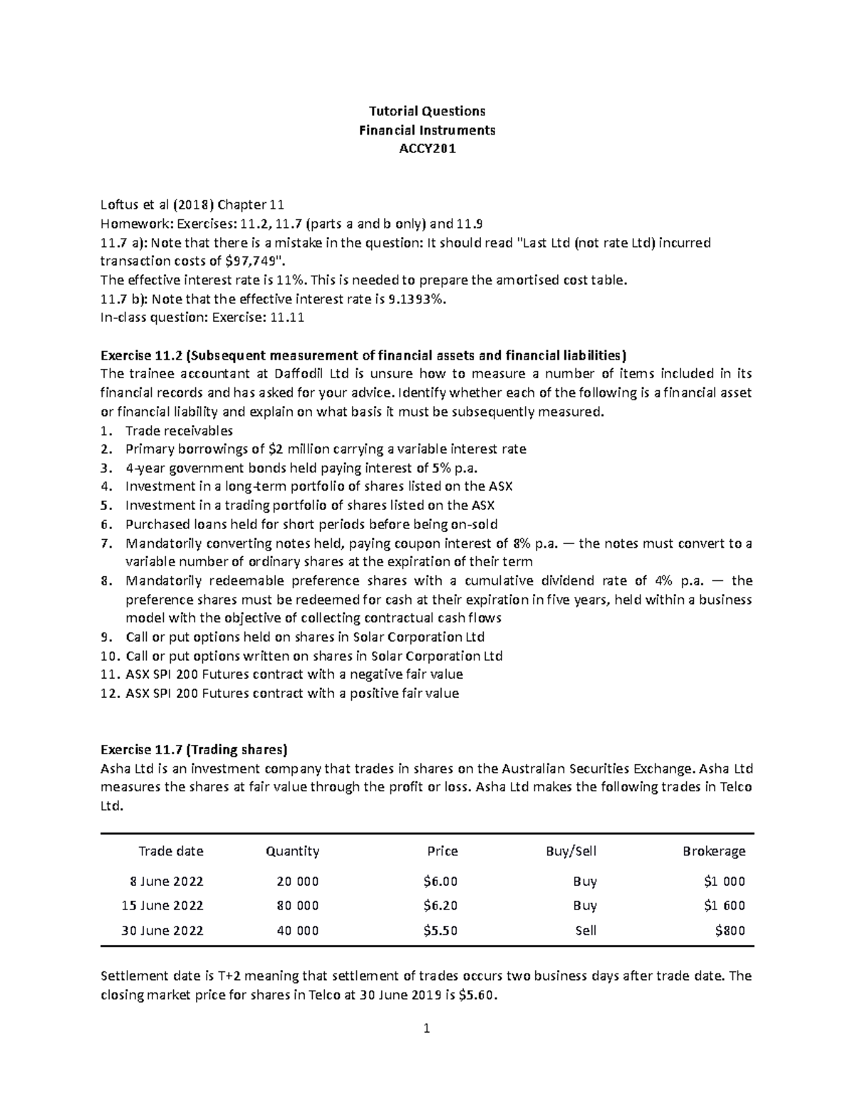 Qs Ch11 Financial instruments - Tutorial Questions Financial Instruments ACCY Loftus et al (2018 ...