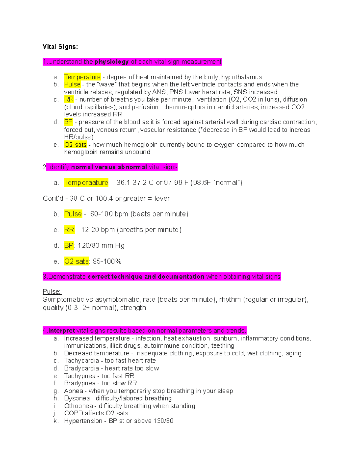 Med Surg 1 Exam 1 Study Guide - Vital Signs: 1 the physiology of each ...