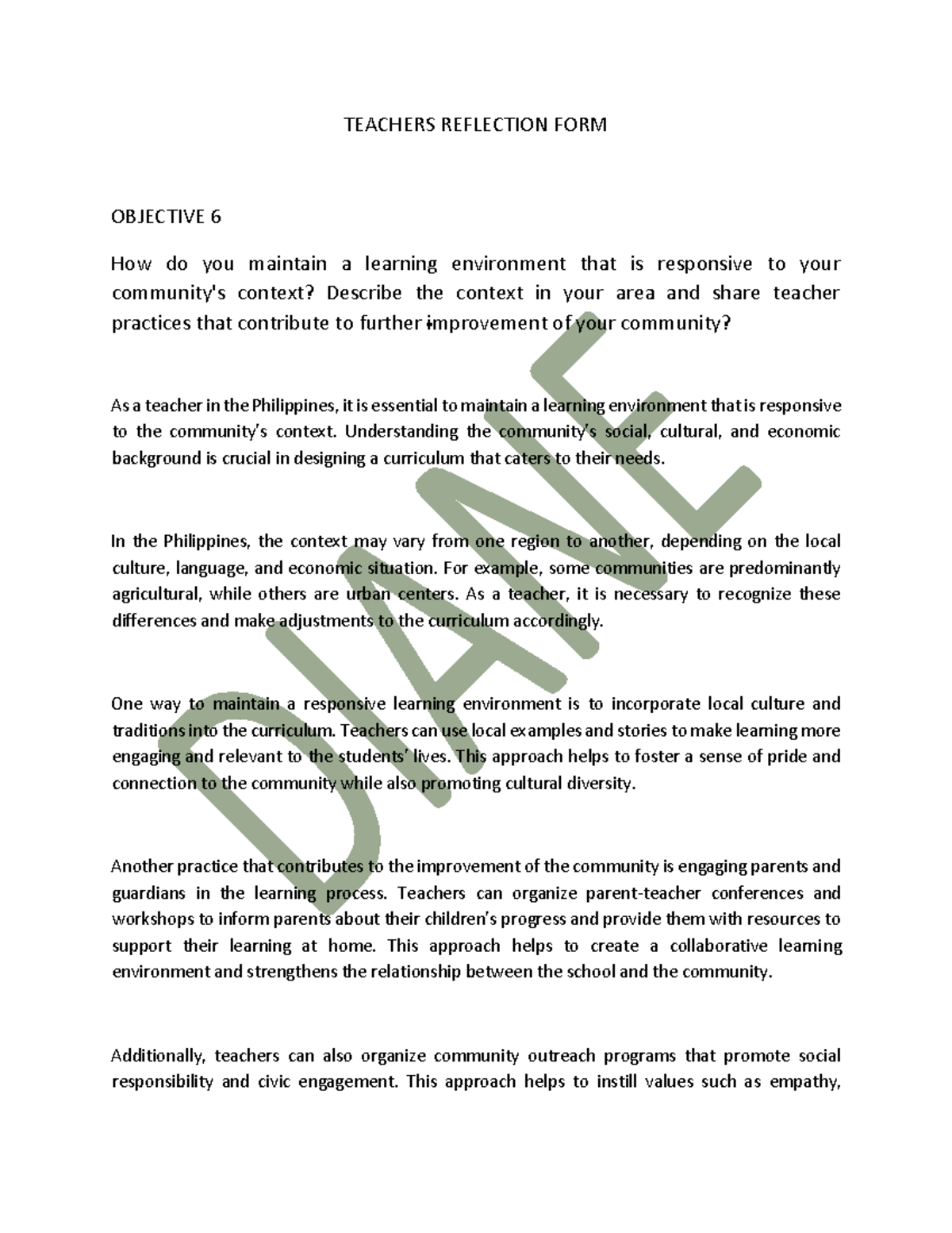 TRF - Trf for Teachers - TEACHERS REFLECTION FORM OBJECTIVE 6 How do you maintain a learning ...