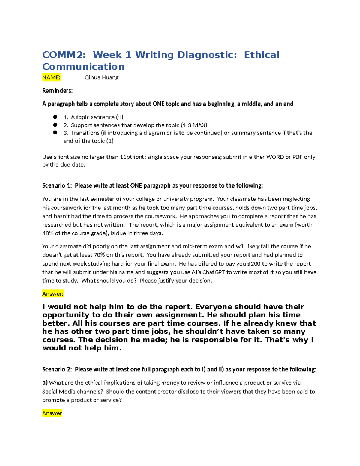 COMM2202 Week 1 Writing Diagnostic - COMM2: Week 1 Writing Diagnostic ...