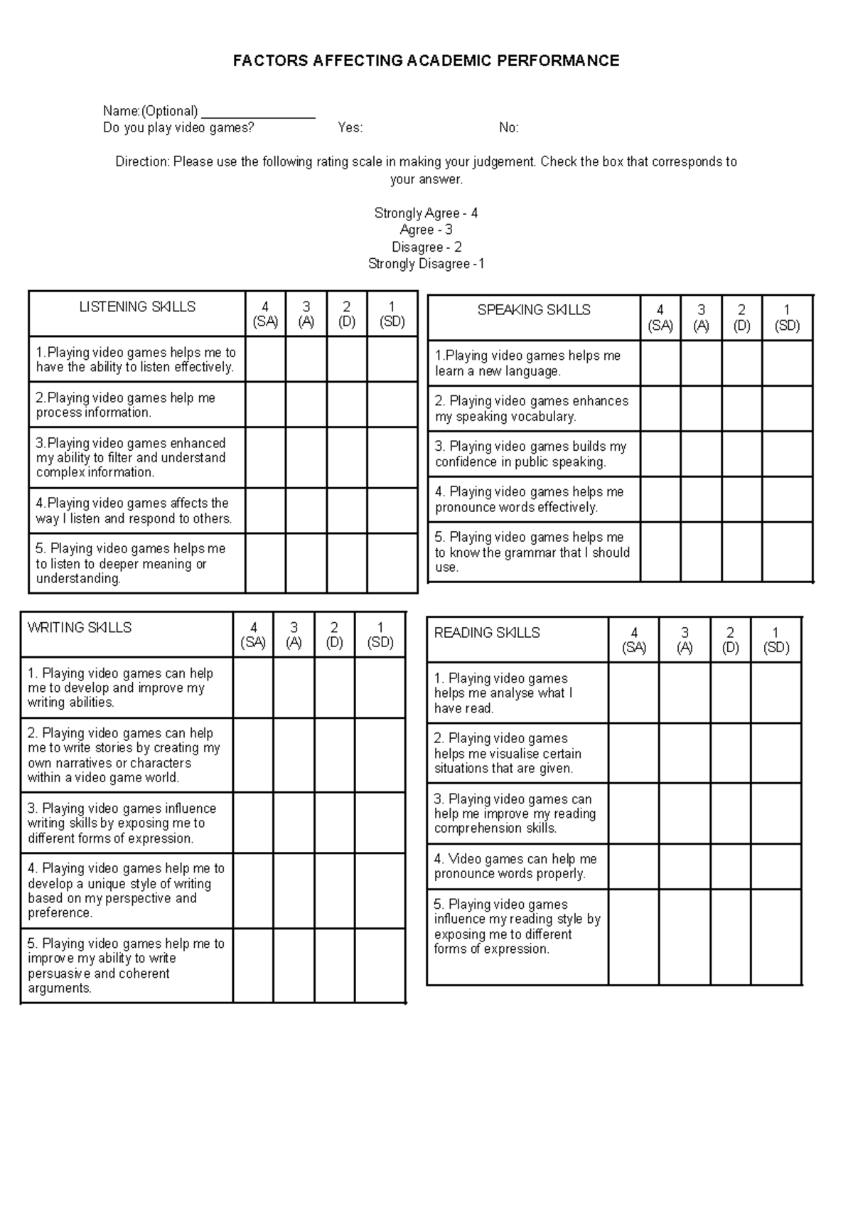 Sample Questionnaire - FACTORS AFFECTING ACADEMIC PERFORMANCE Name ...