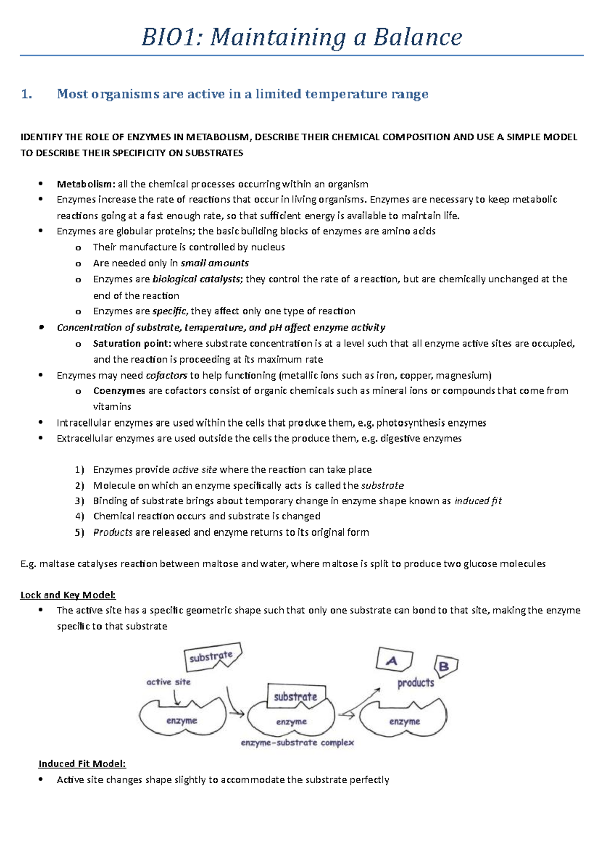 Biology Notes - Maintaining a Balance - BIO1: Maintaining a Balance 1 ...
