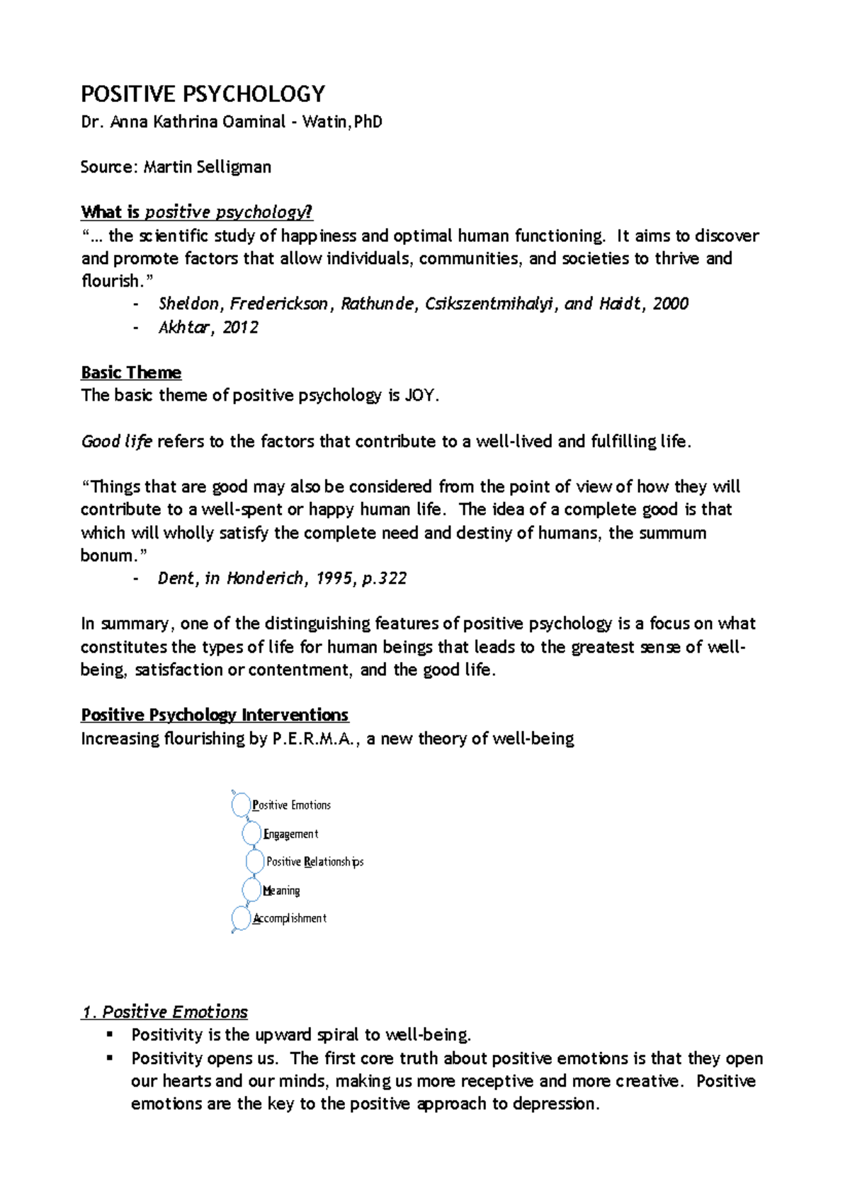 Positive Psychology - note on the subject understanding the self ...