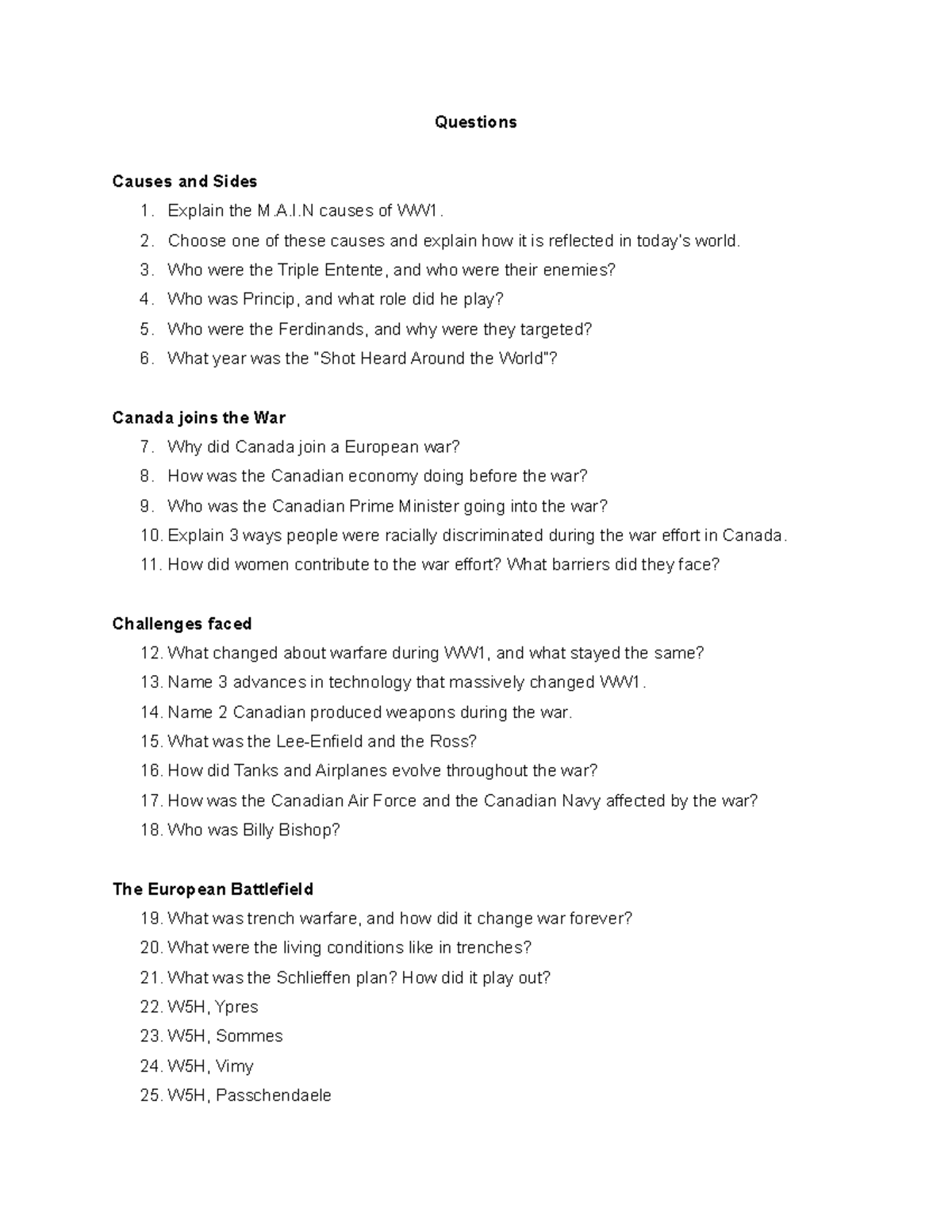 WW1 Practice Questions and Answers - Questions Causes and Sides 1 ...