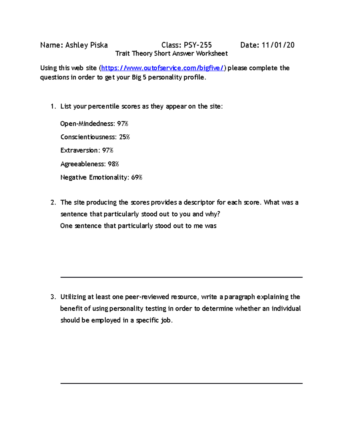PSY 255 Trait Theory Short Answer Worksheet - Name: Ashley Piska Class ...