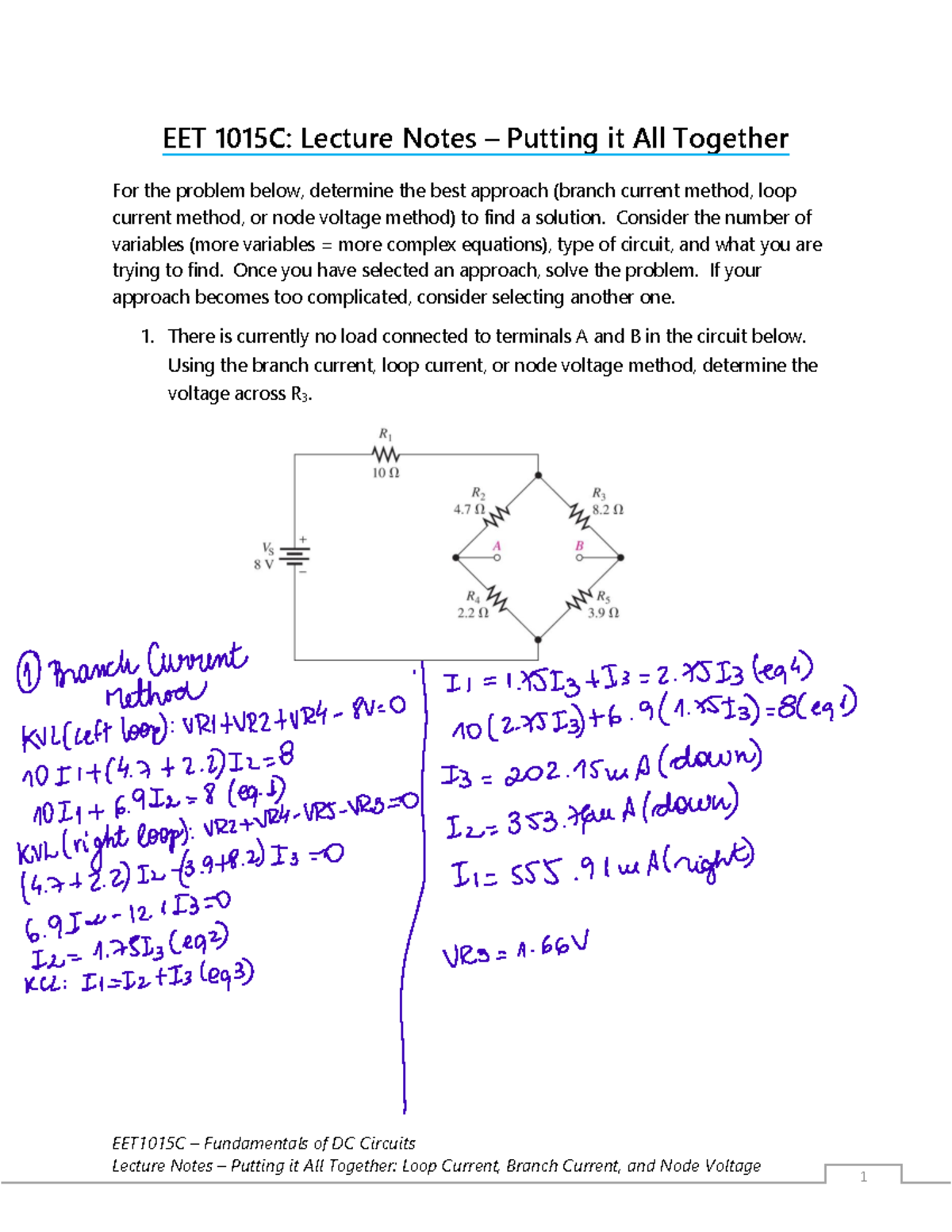 Eet 1015c Lecture Notes Putting It All Together Branch Current Loop Current And Node 8351