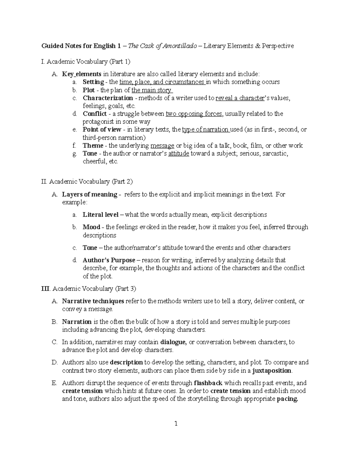 Guided Notes for English 1 - The Cask of Amontillado - Literary ...