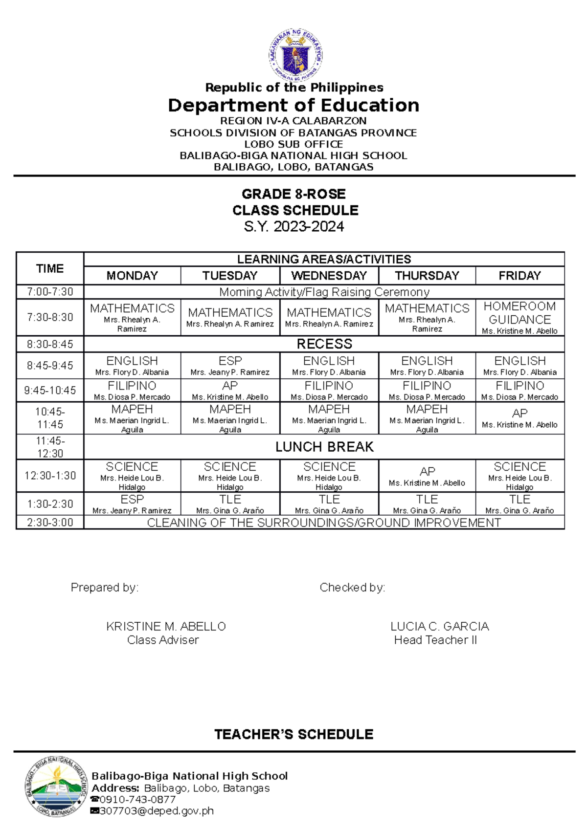 Teachers schedule, class program - Republic of the Philippines ...