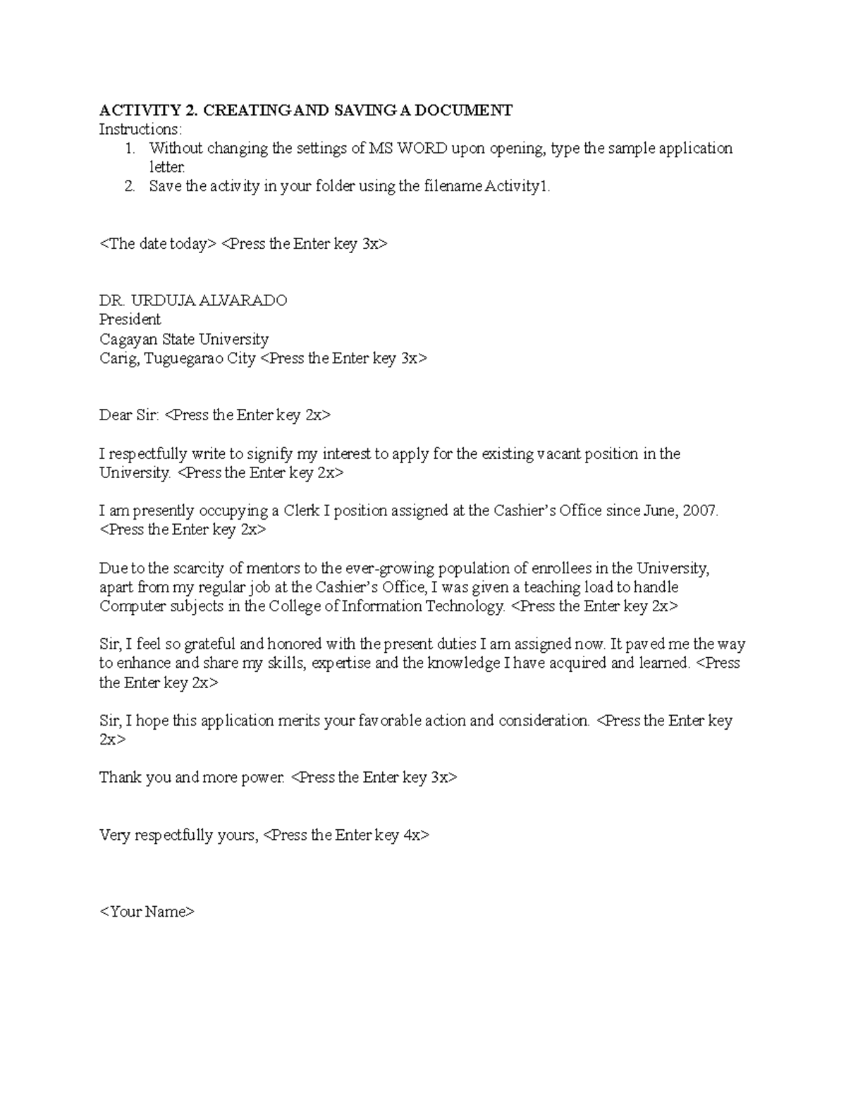 MS WORD LABORATORY EXERCISE - ACTIVITY 2. CREATING AND SAVING A ...