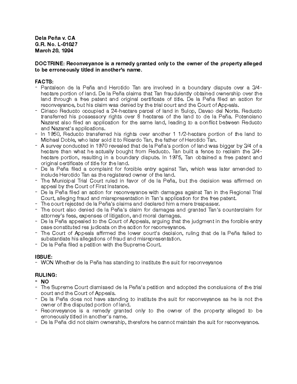 Dela Peña v. CA - Dela Peña v. CA G. No. L- March 28, 1994 DOCTRINE ...