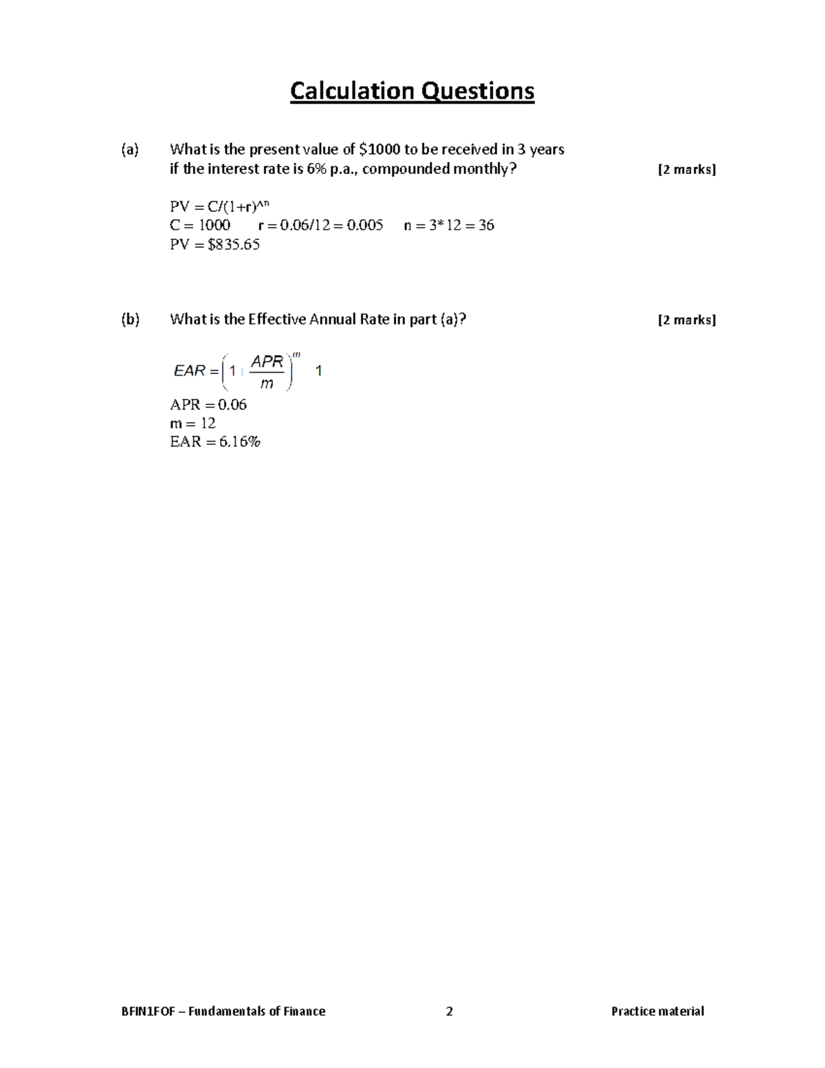 Finance Revision 2 Solution - Calculation Questions (a) What is the ...